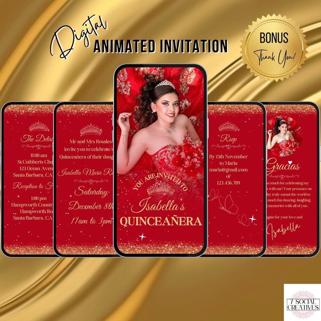Ruby Red Quinceañera Birthday Invitation With Photo. Digital Mis Quince ...