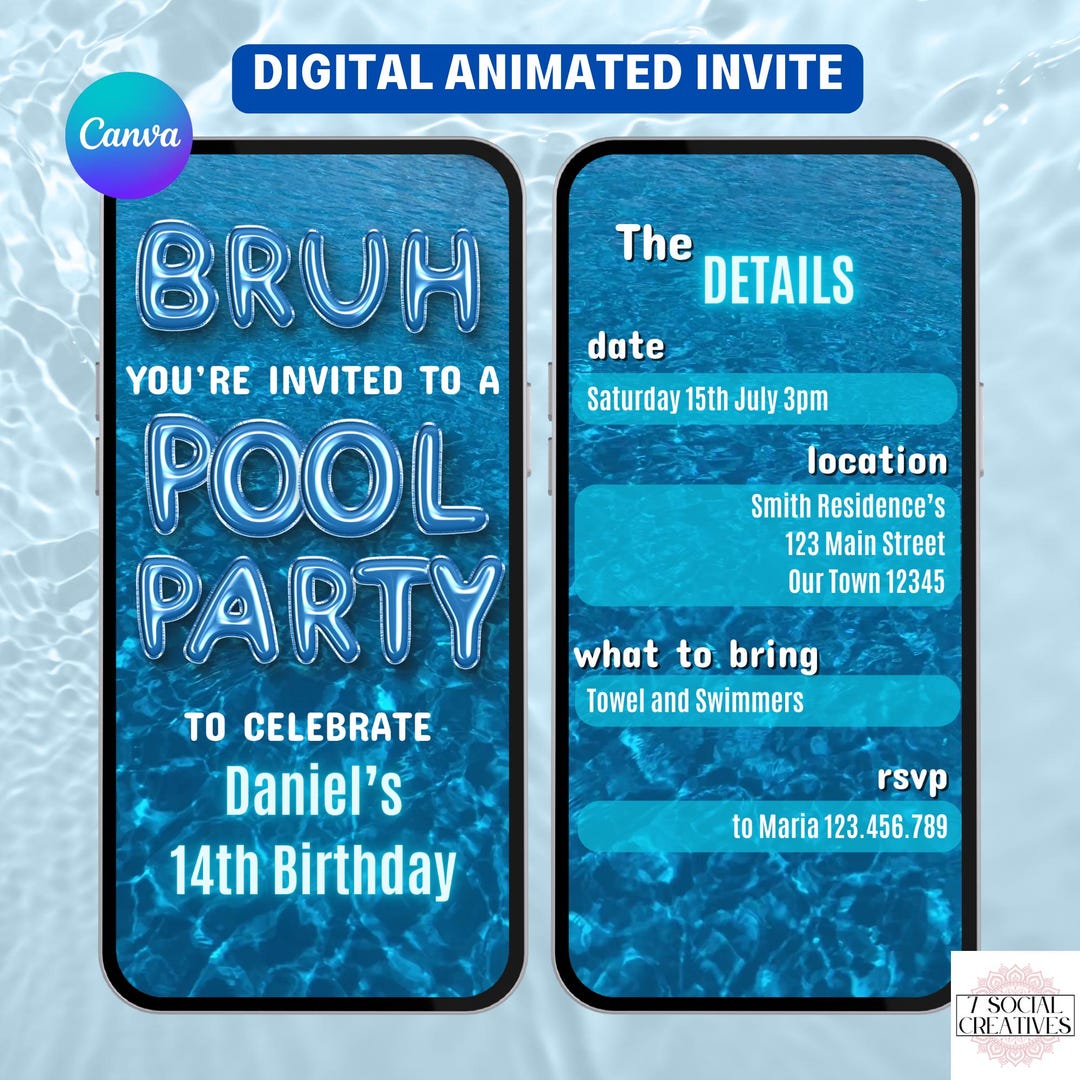 Bruh Pool Party Invitation. Digital Boys Birthday Summer Invite. Blue ...