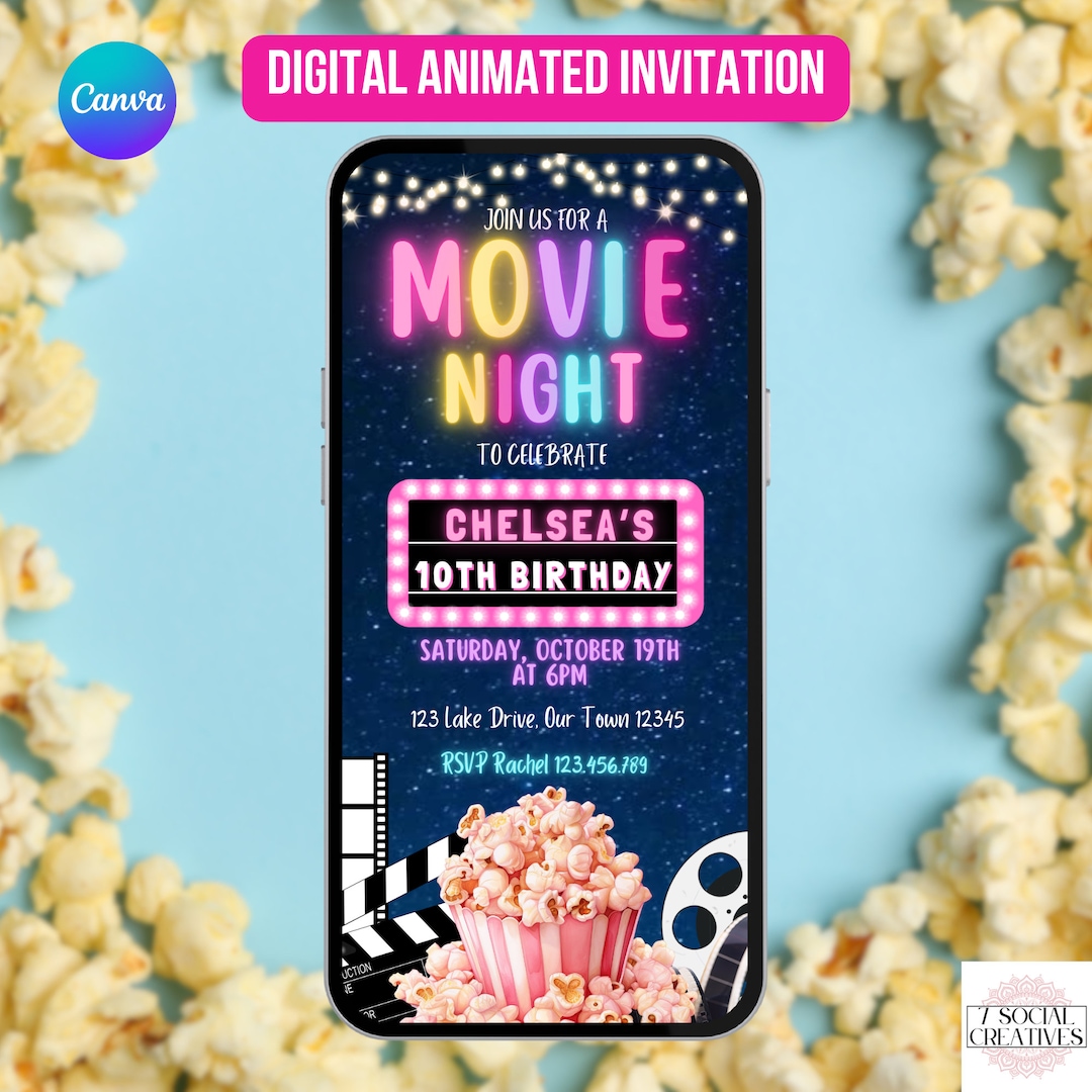 Girls Neon Movie Night Birthday Invitation. Digital Animated Rainbow ...