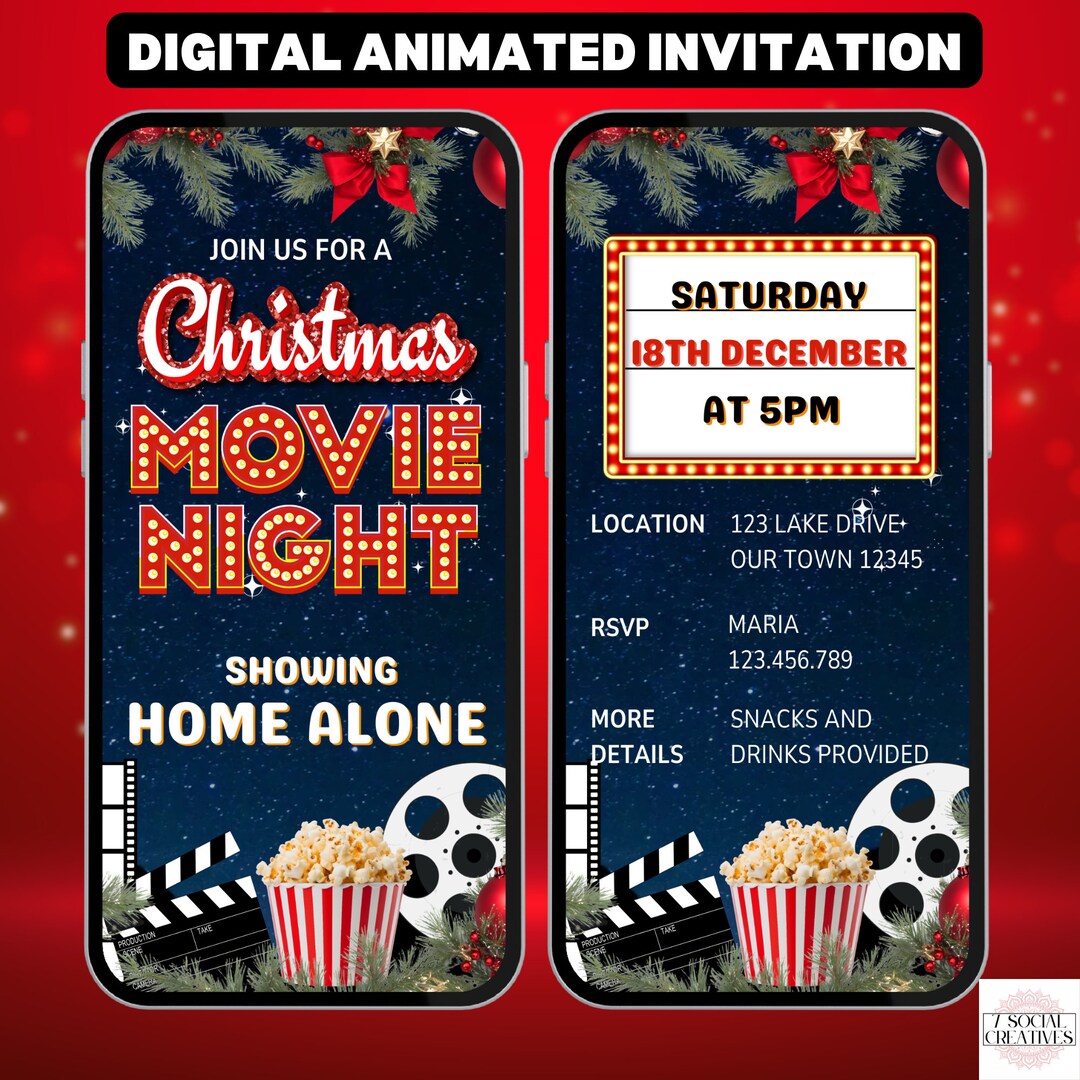 Christmas Movie Night Invitation. Digital Animated Xmas Movie Party ...