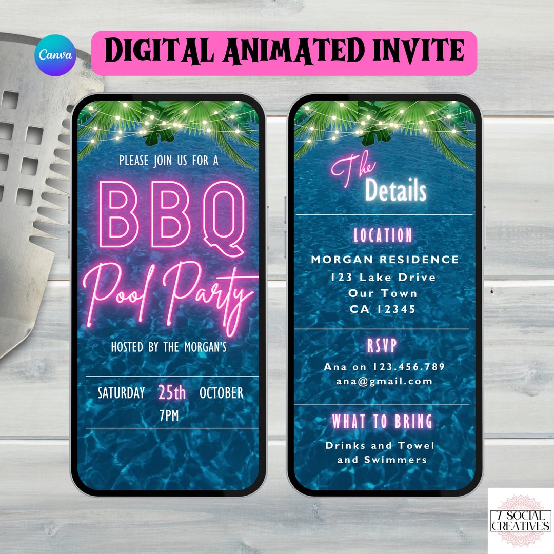 Pink BBQ Pool Party Invitation. Digital Backyard Barbeque and Pool ...