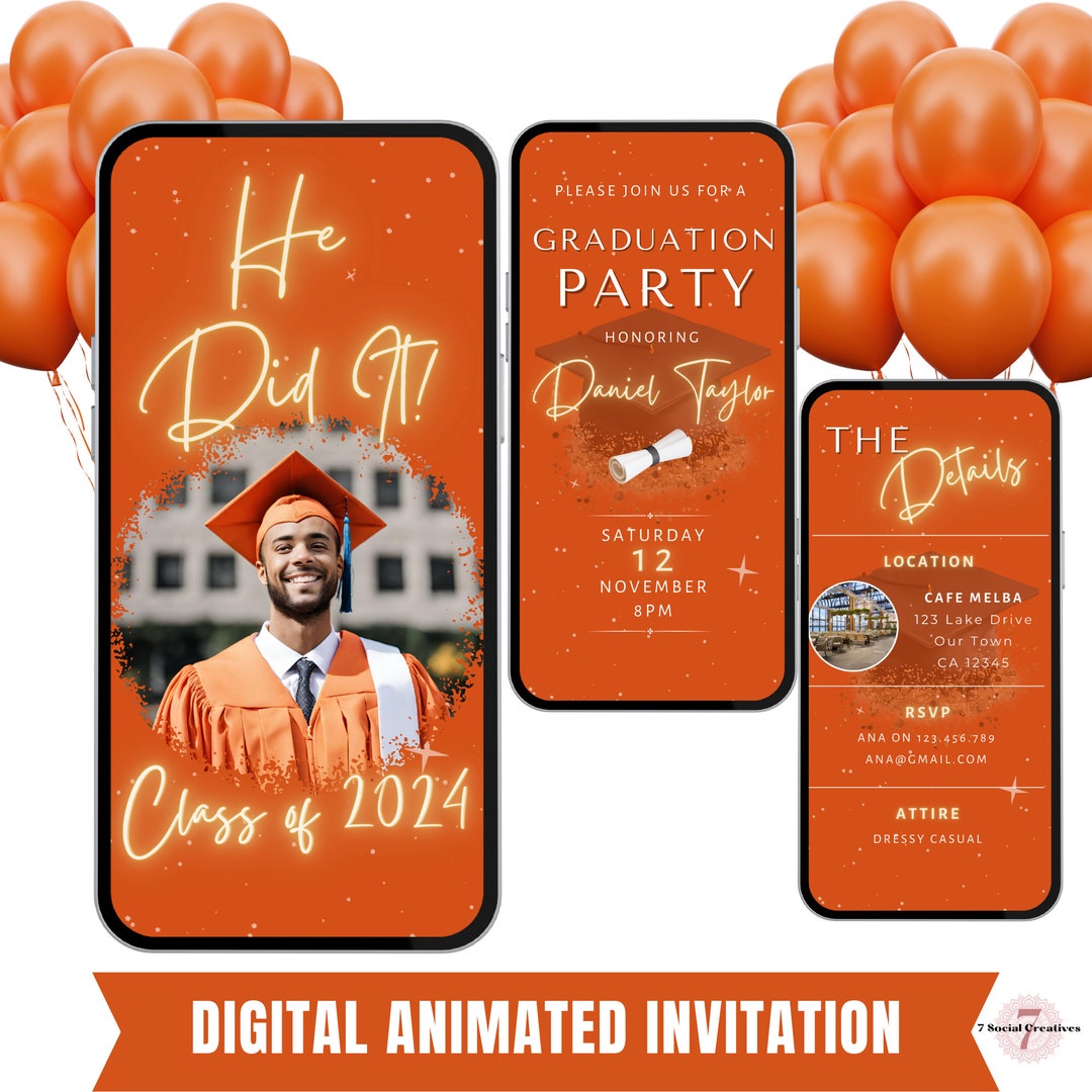 Boys Graduation Party Invite. Digital Animated Orange Grad Invitation ...