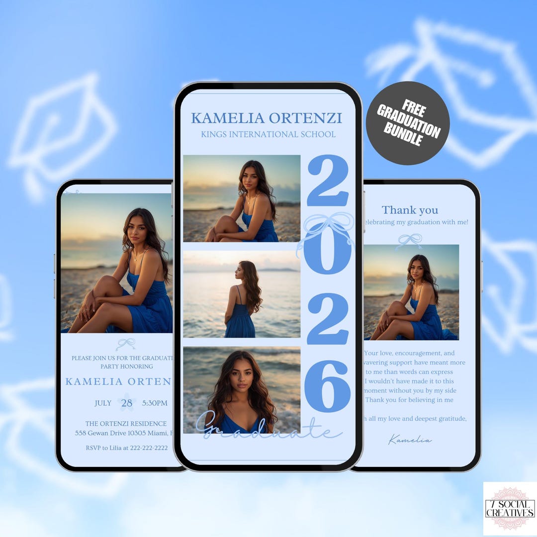 Blue Graduation Announcement Invitation With Thank You. Digital Girls ...