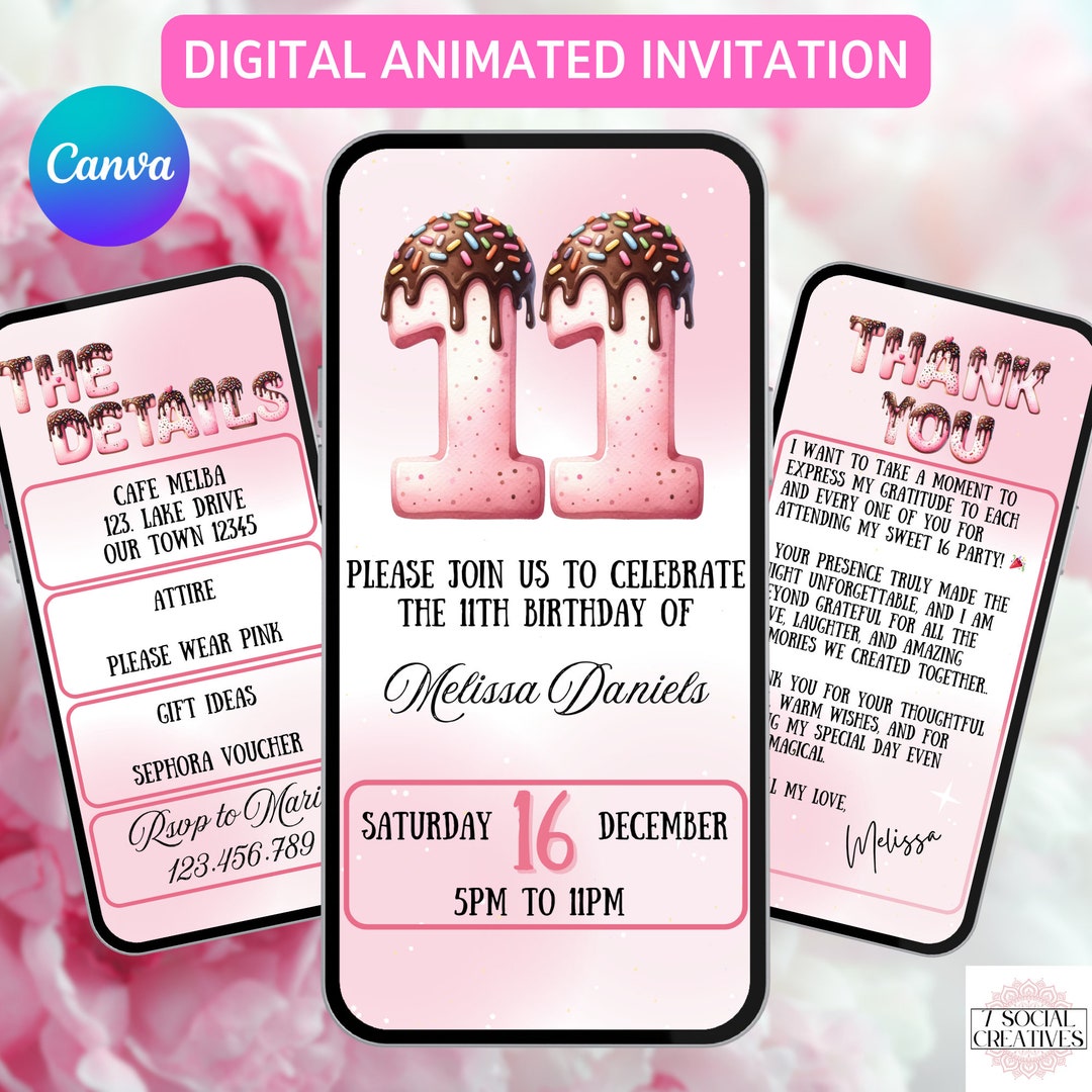 Girls 11th Birthday Party Invitation. Digital Animated Fun Donut Theme ...
