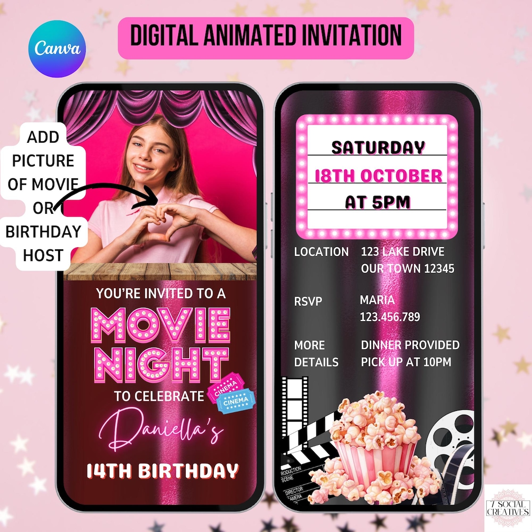 Pink Movie Birthday Party Invitation With Picture. Digital Girls Movie ...