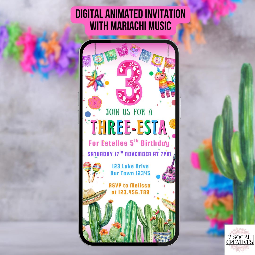 Girls Three-esta Birthday Invitation With Music. Digital Mexican Fiesta ...