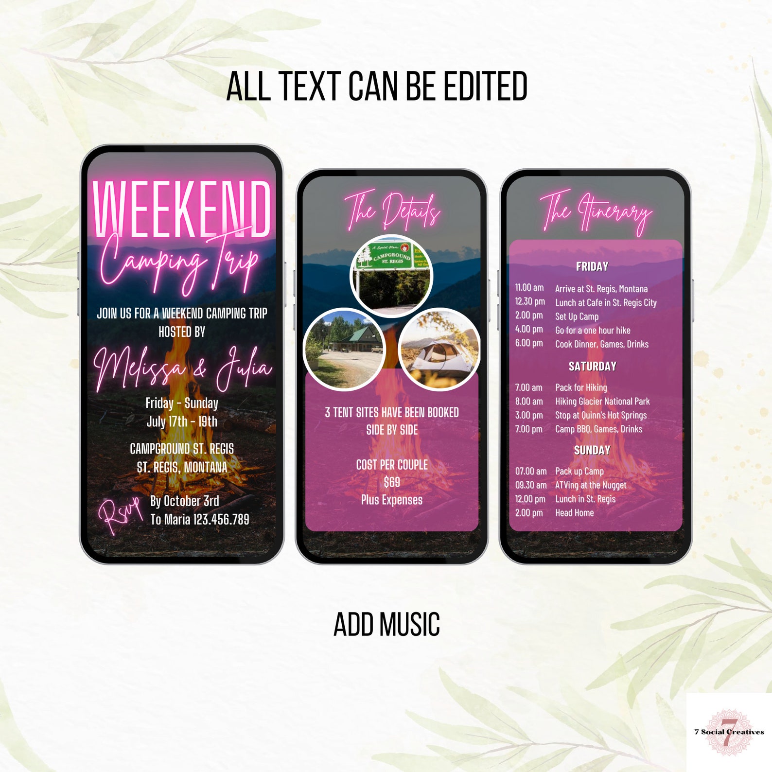 Weekend Camping Trip Itinerary Invitation. Digital Neon Pink Girls Trip ...
