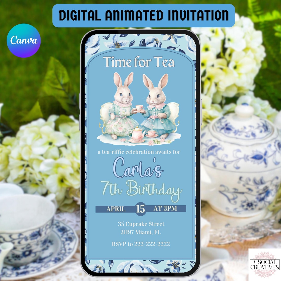 Girls Tea Party Invitations. Digital Animated Blue Time for Tea ...