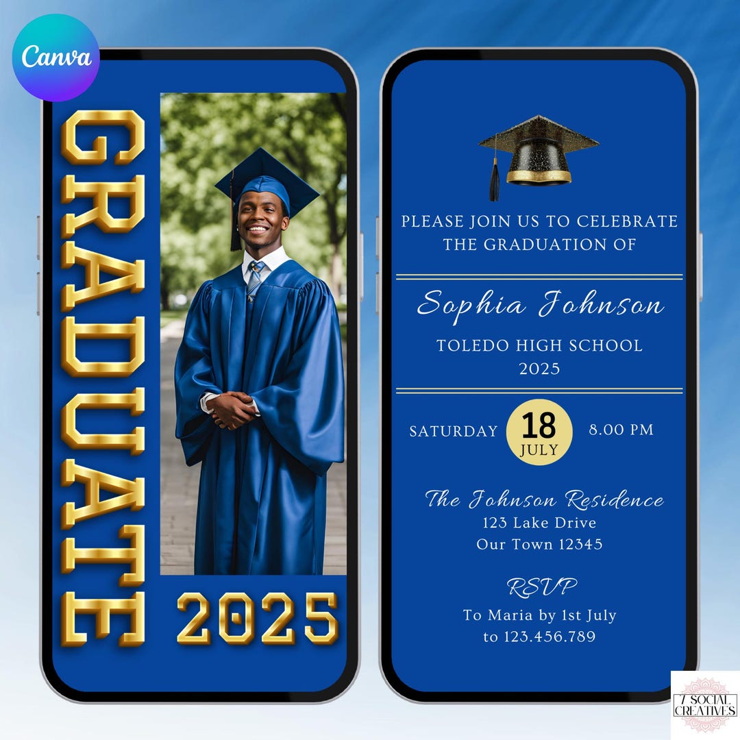 Blue and Gold Graduation Invite. Digital Animated High School or ...