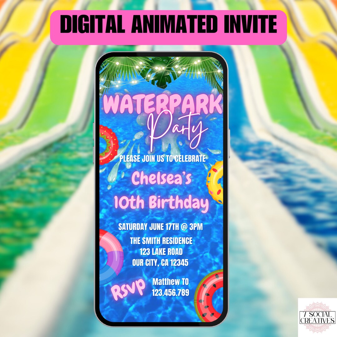 Girls Waterpark Birthday Invitation. Digital Pink Water Park Party ...