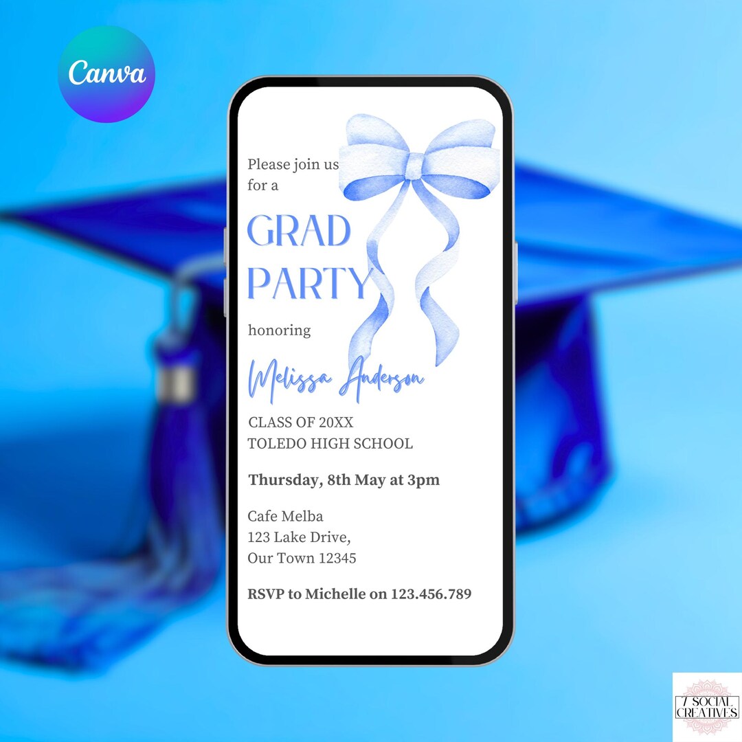 Grad Party Invite. Digital Animated Blue Bow Theme High School or ...