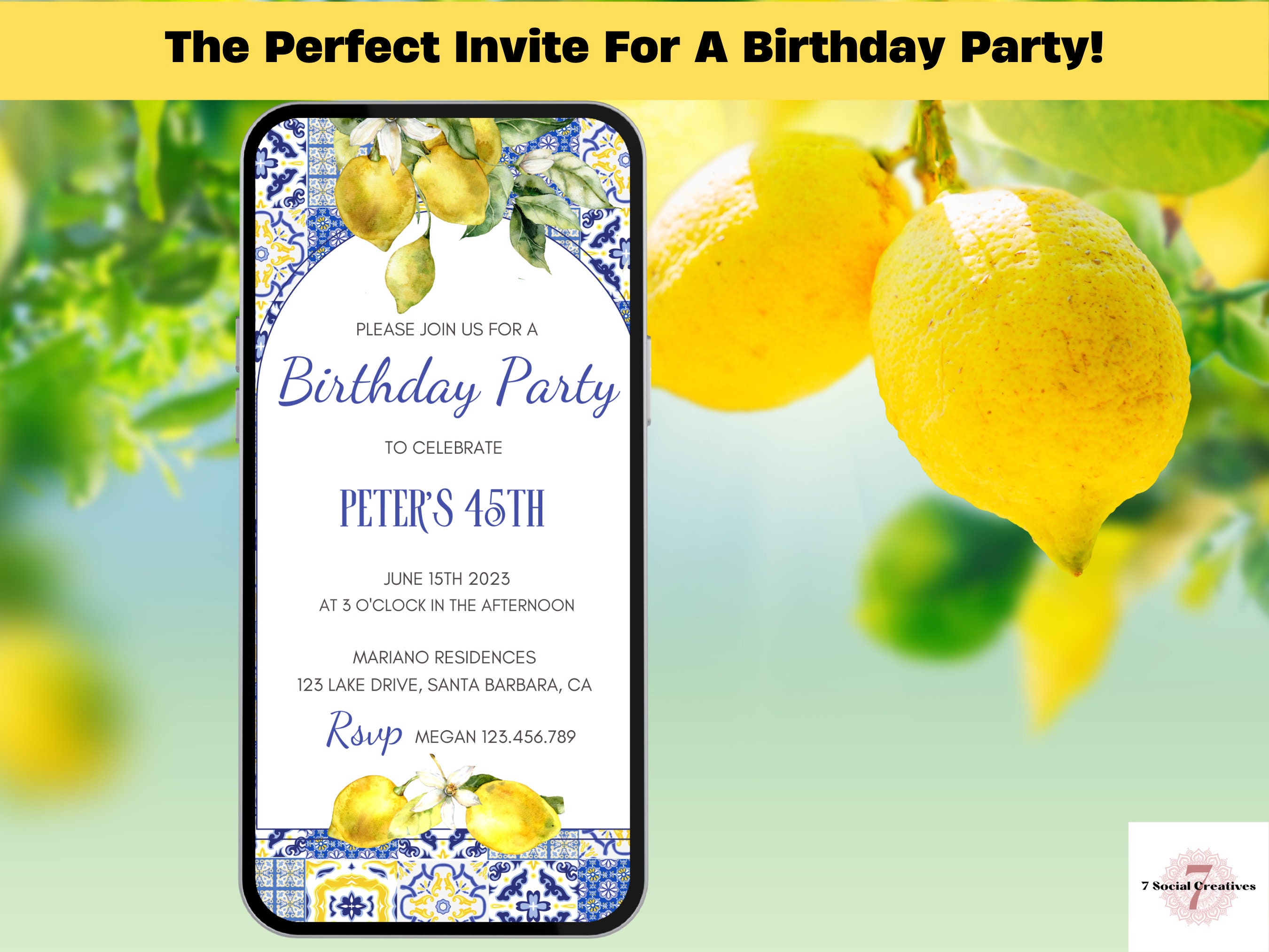 Blue Tiles and Lemon Birthday Party Invitation. Mediterranean - Etsy