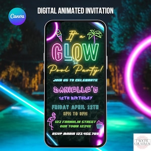 Glow Pool Party Invite. Digital Neon Glow in the Dark Birthday ...