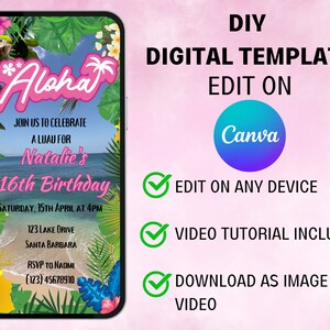 Aloha Luau Party Invitation in Pink. Digital Animated Invite With ...