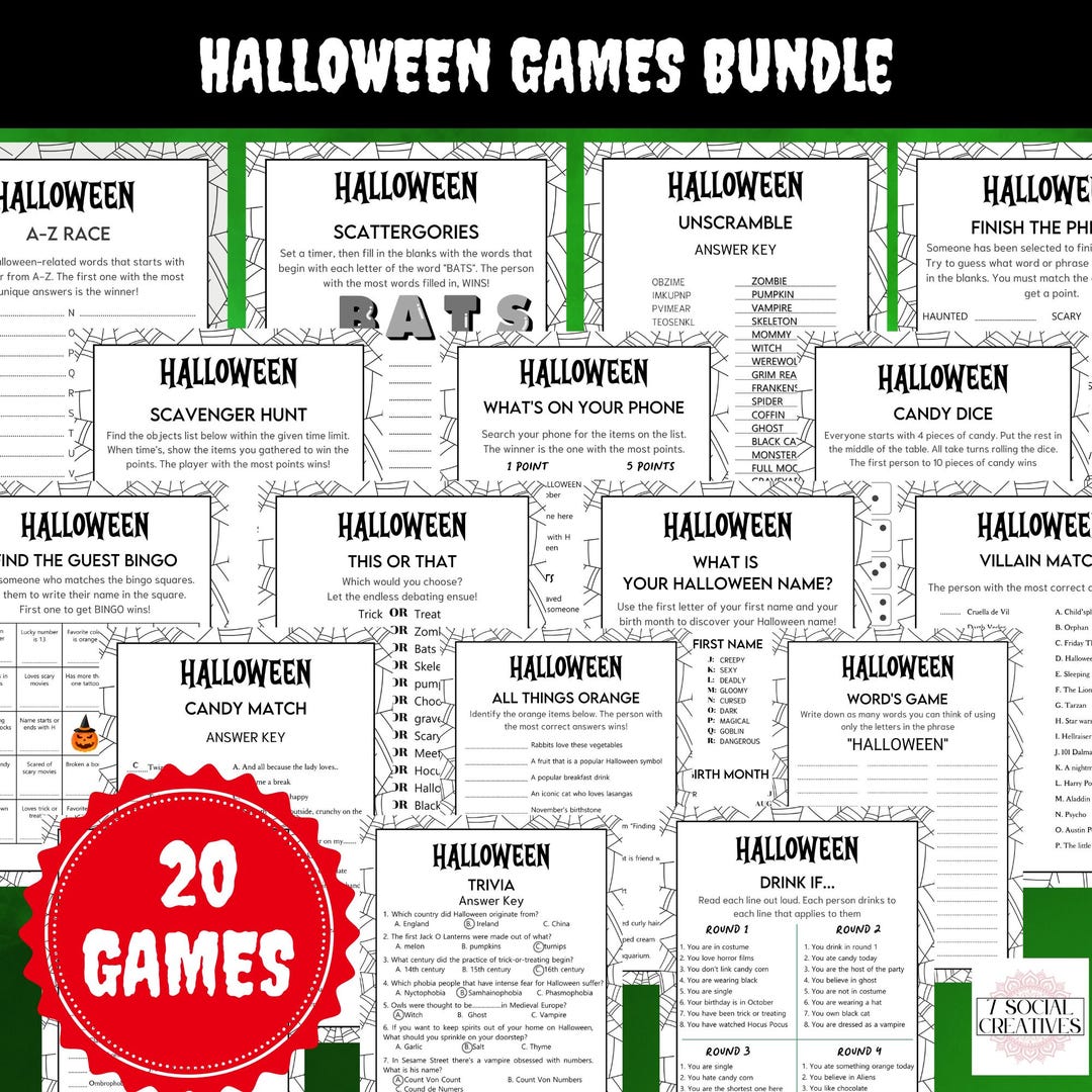 Halloween Party Games Bundle: 20 Adult & Teen Printable Activities (A4 ...