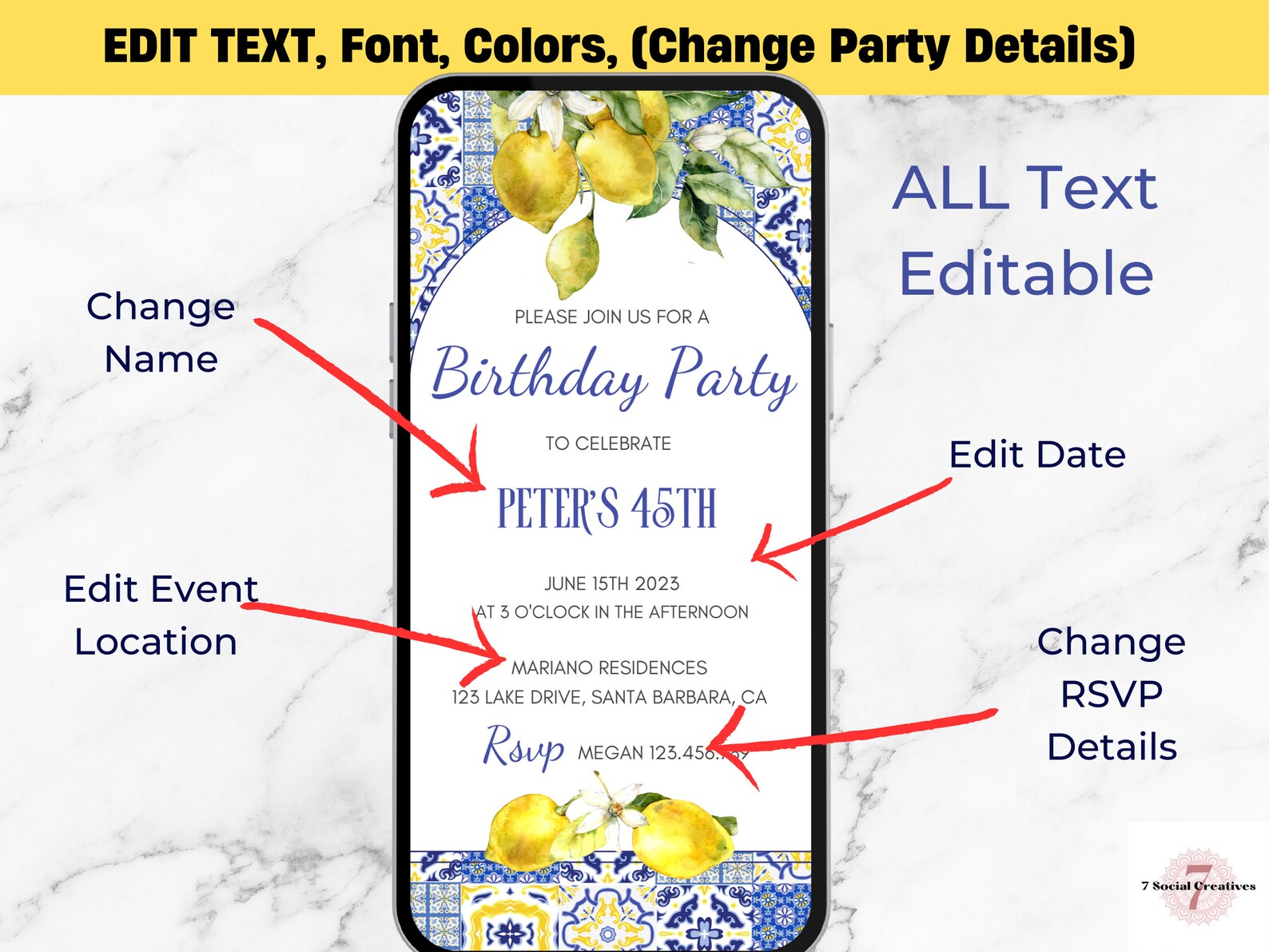 Blue Tiles and Lemon Birthday Party Invitation. Mediterranean - Etsy