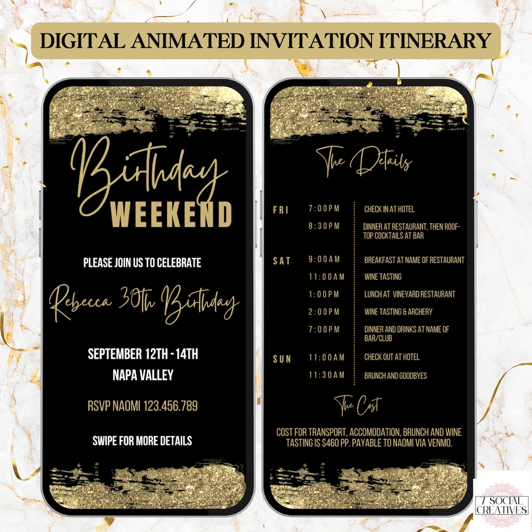 Birthday Weekend Itinerary Invitation Black and Gold. Digital Animated ...