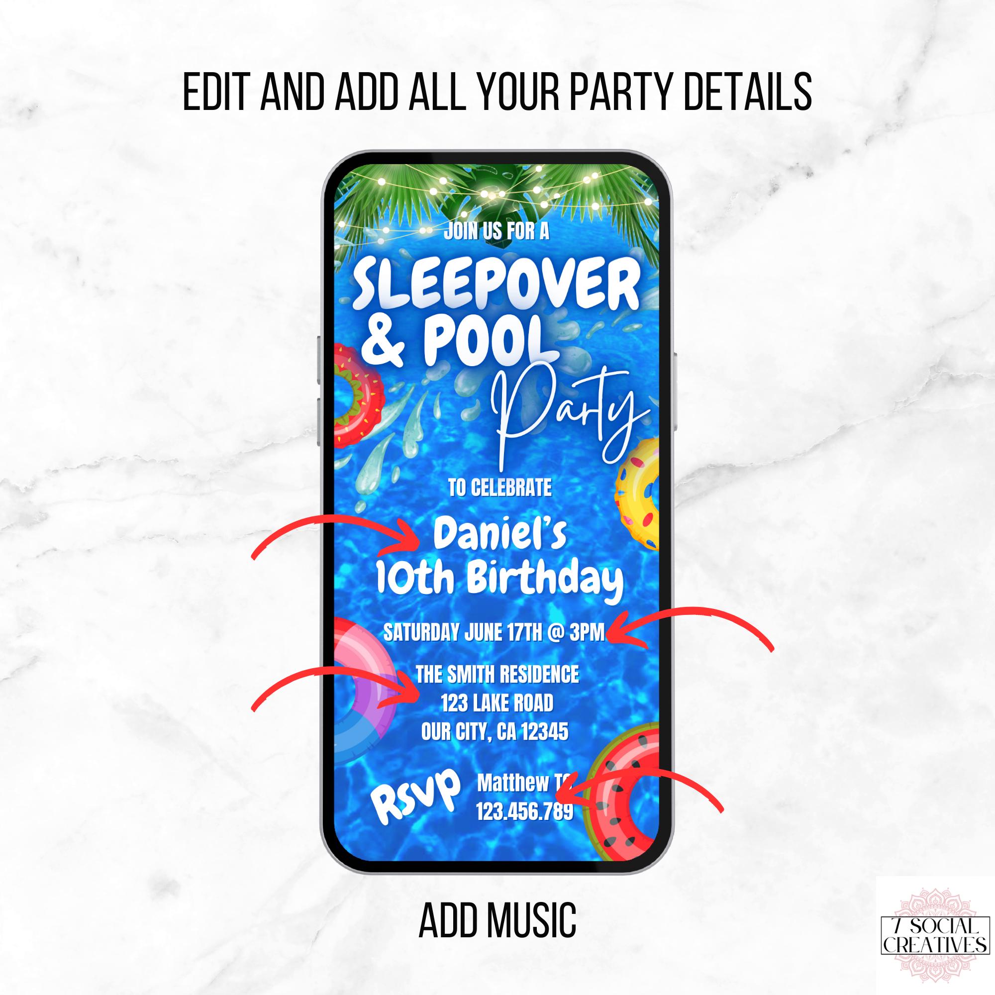 Sleepover and Pool Party Invitation. Digital Animated Boys Blue and ...