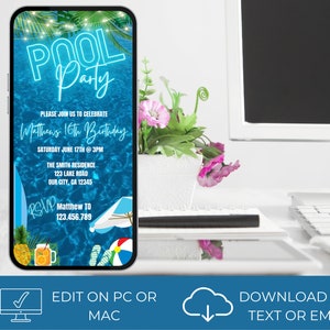 Blue Pool Party Birthday Invitation Video. Neon Beach Theme - Etsy