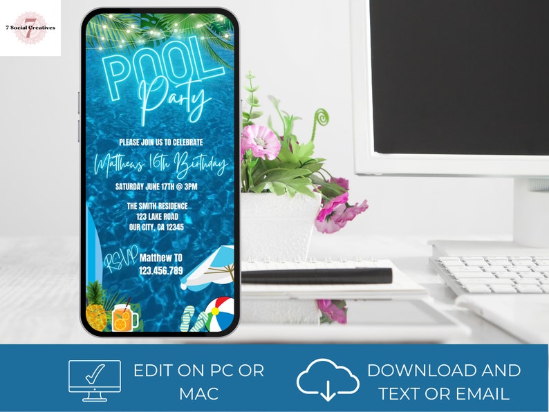 Blue Pool Party Birthday Invitation Video. Neon Beach Theme - Etsy