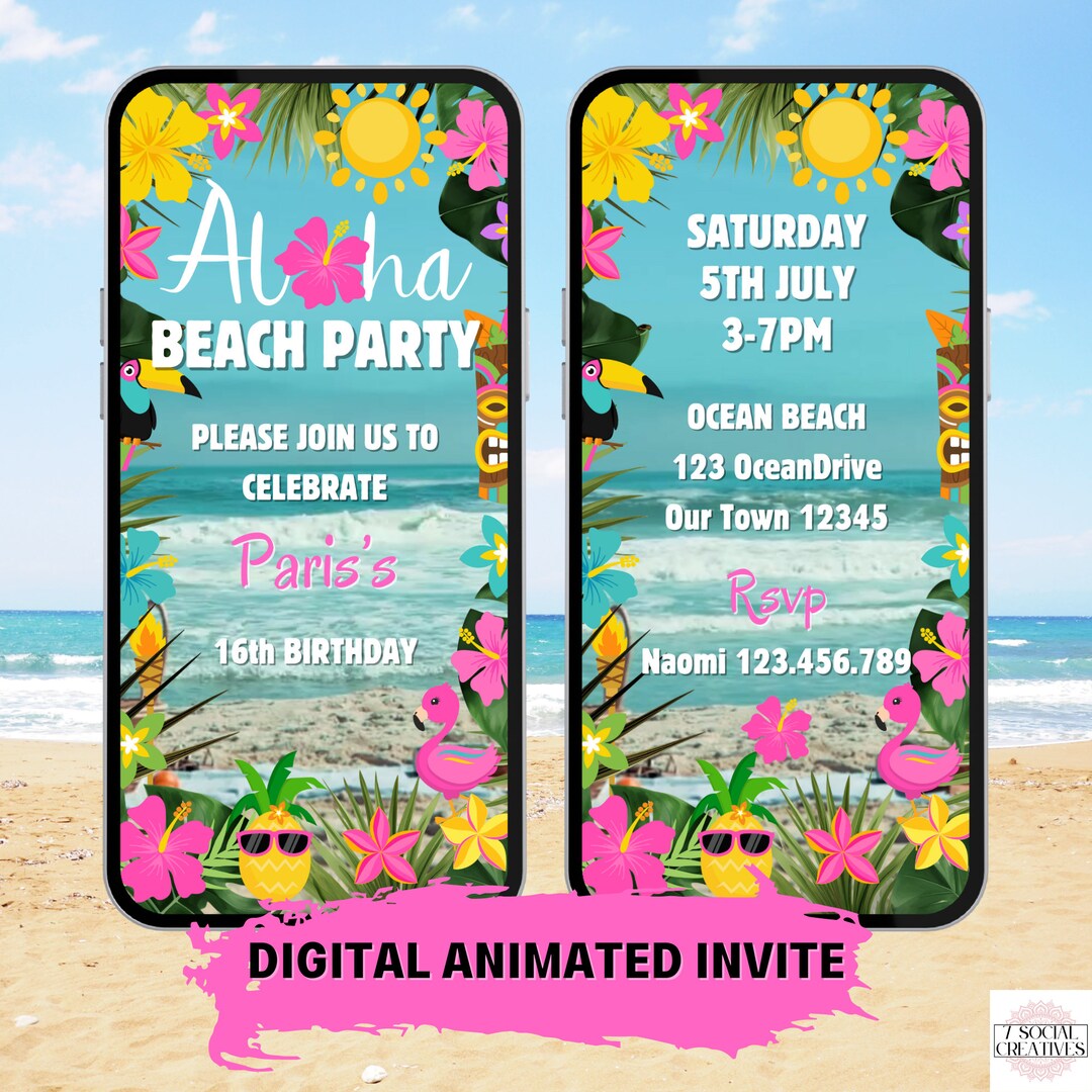 Aloha Beach Party Invitation. Digital Summer Luau Theme Birthday Invite ...
