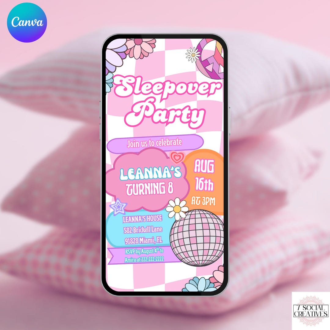 Sleepover Party Invitation. Digital Animated Groovy Retro Girls ...