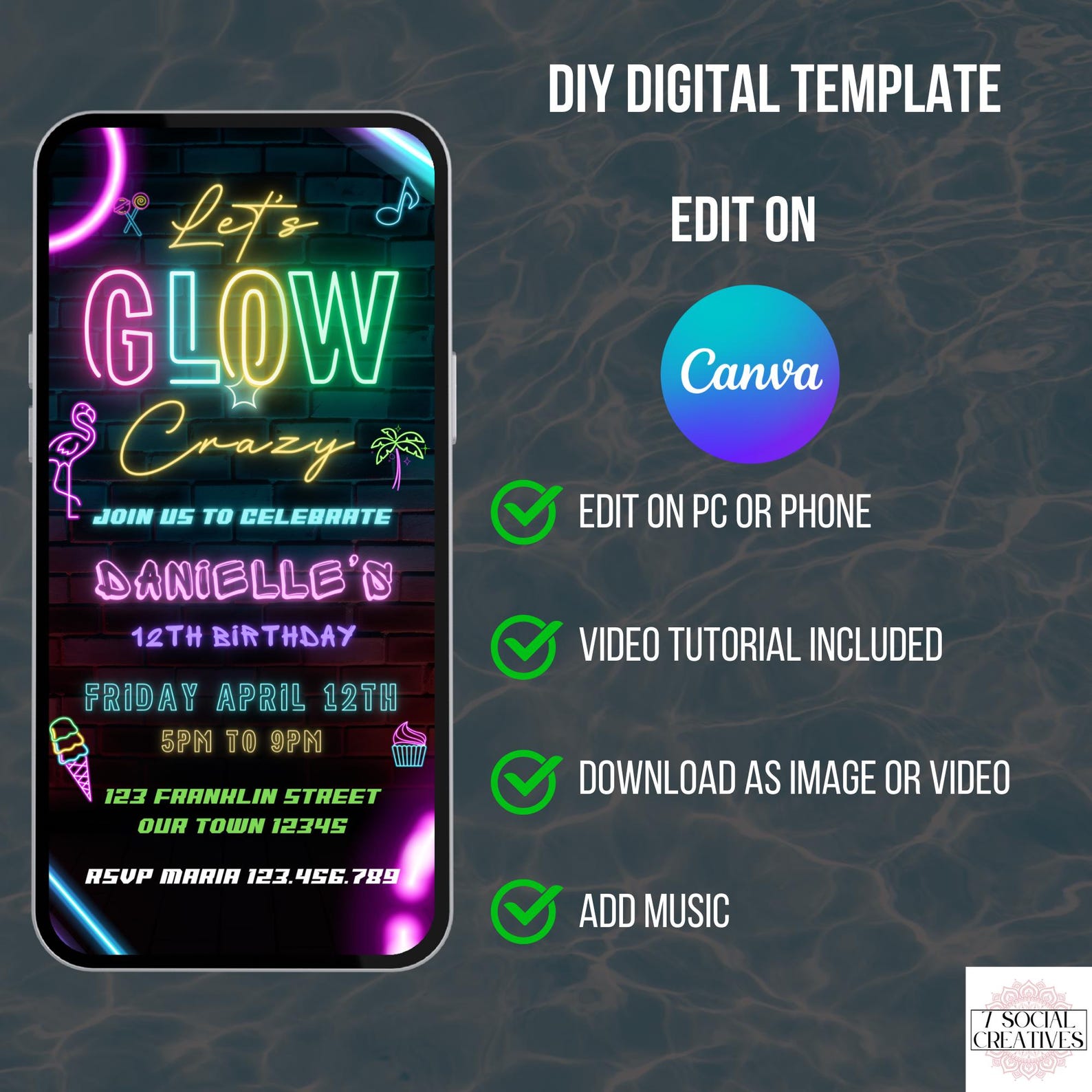 Glow Pool Party Invite. Digital Neon Glow in the Dark Birthday ...