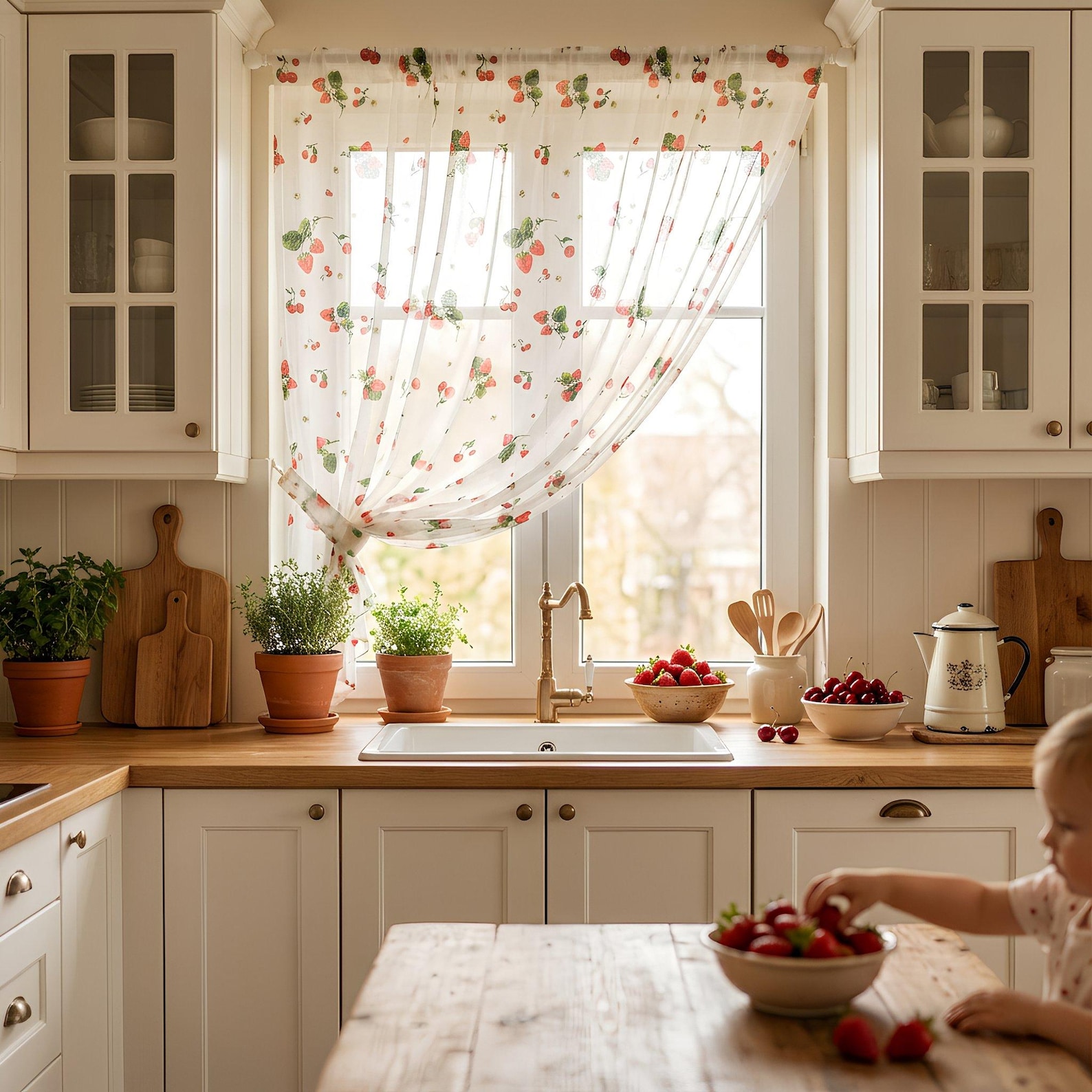 Extra Wide Strawberry & Cherry Patterned Sheer Curtain – Café or Long ...