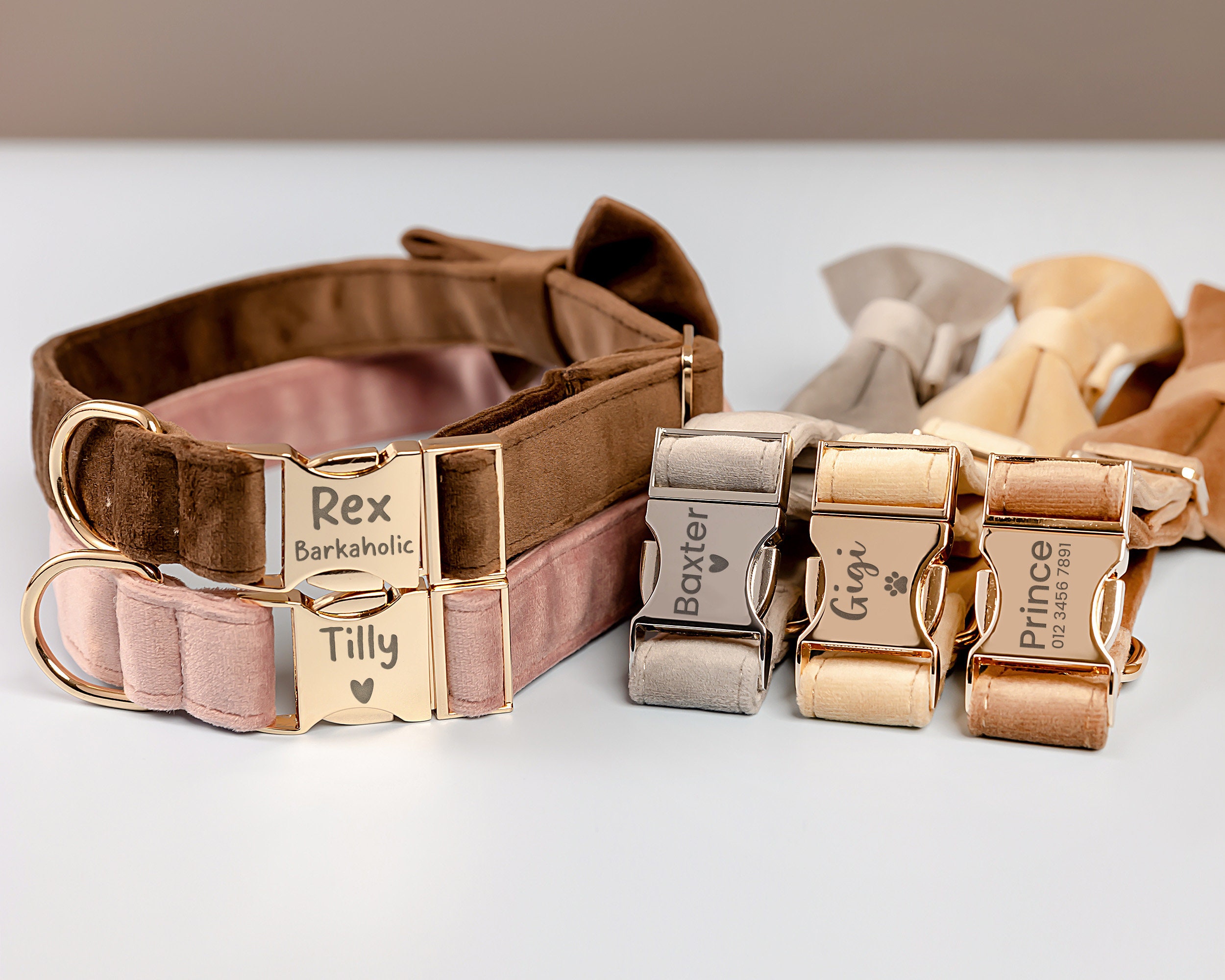 Multiple Colour Velvet Personalise Dog Collar Leash Set With Bow, Brown ...