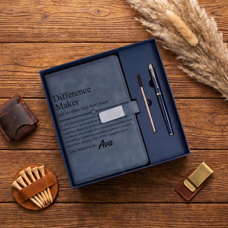 Personalized Leather Notebook Set With Pen : Custom Engraved Journal ...
