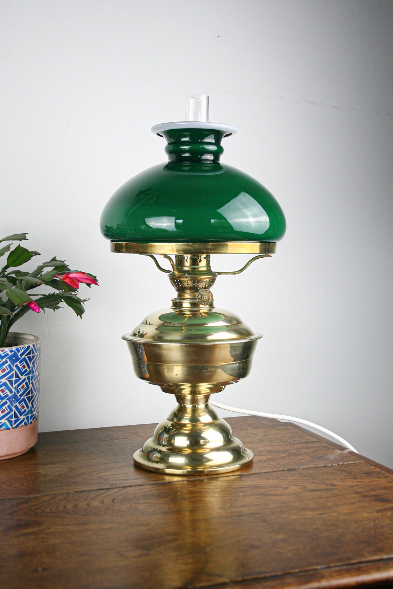 Vintage Table Lamp, Brass and Green Glass Shade, Scandinavian Design ...
