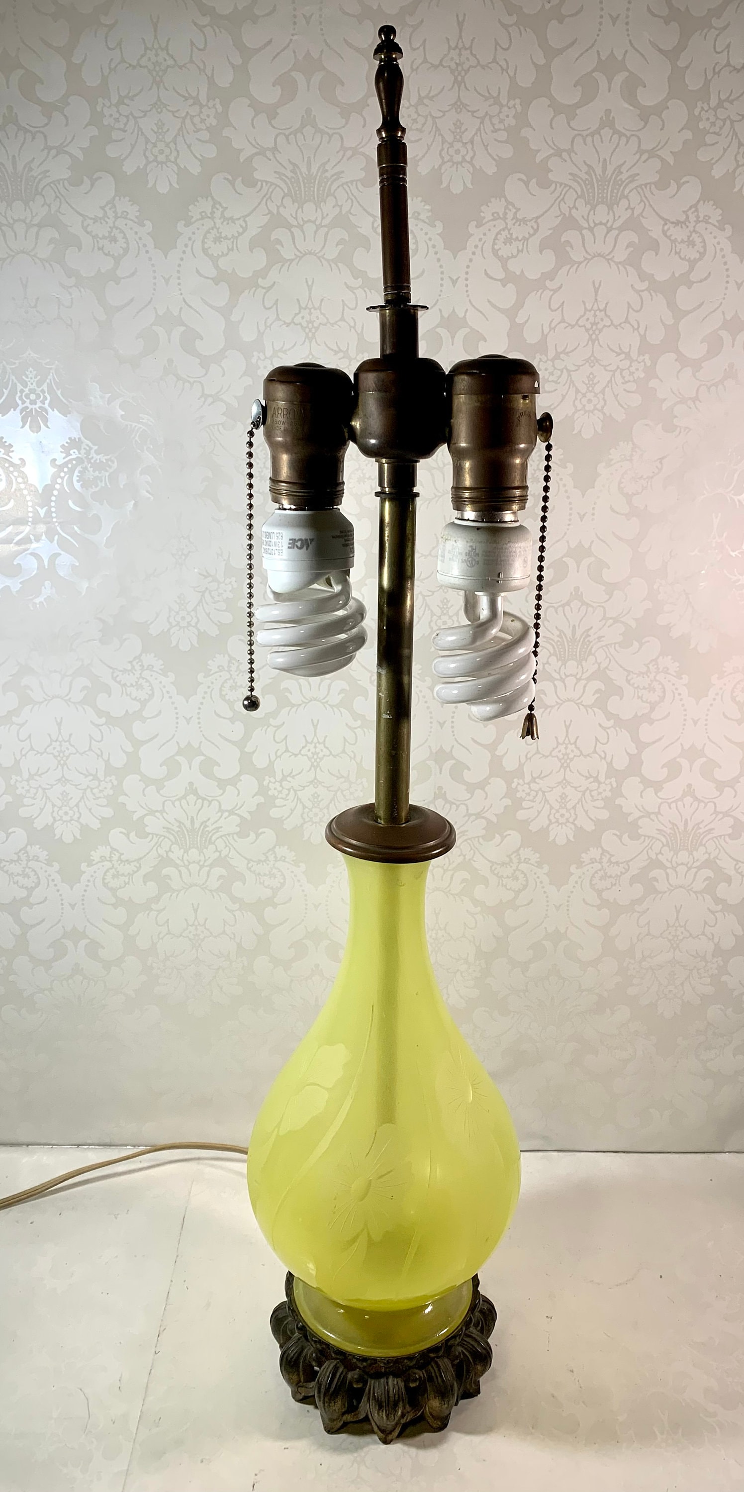 Antique Yellow Green Opaline Vaseline Fenton Lamp Floral Etched Design ...