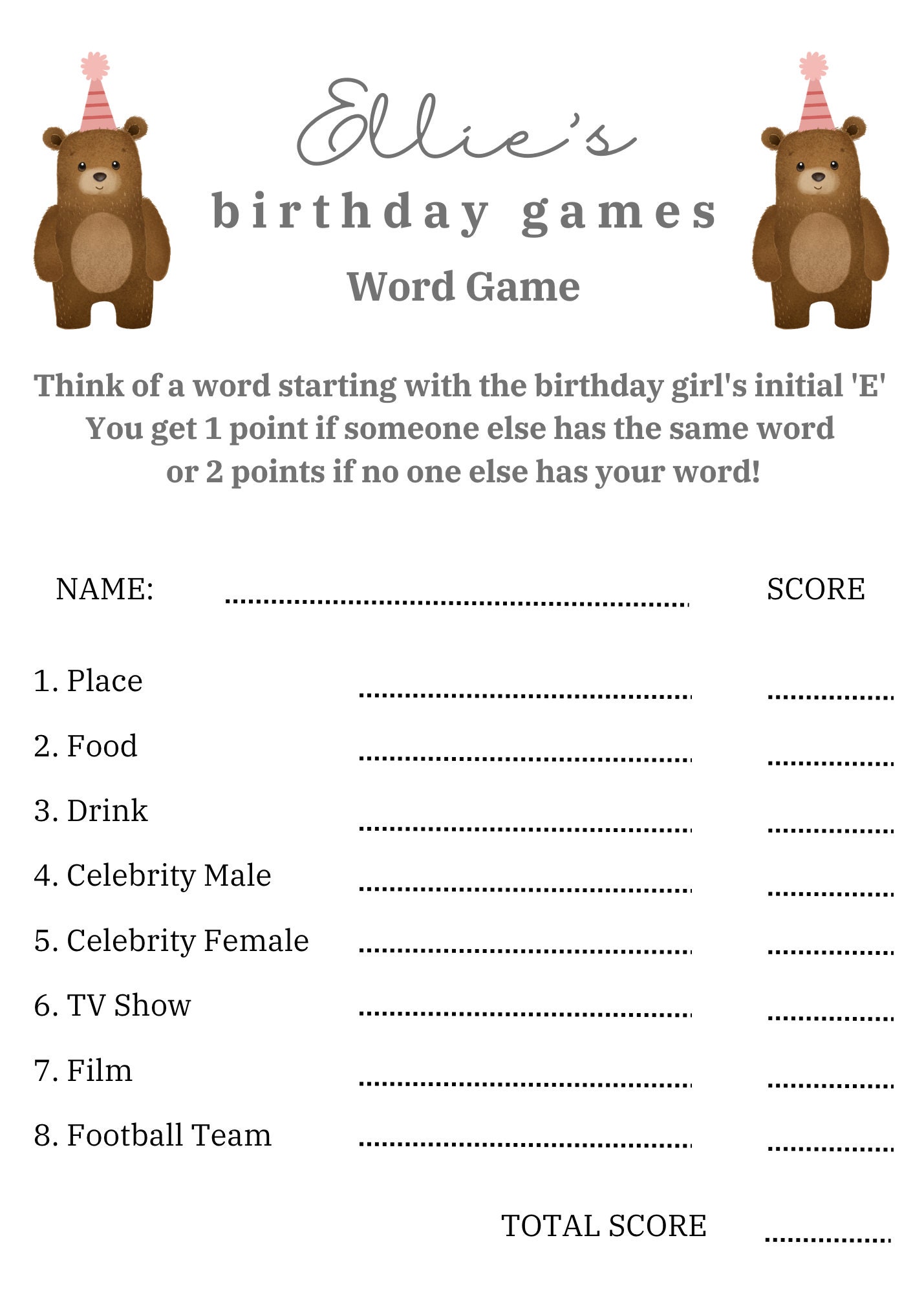 Printable 1st Birthday Party Games, Bear Themed Games for Girl's ...