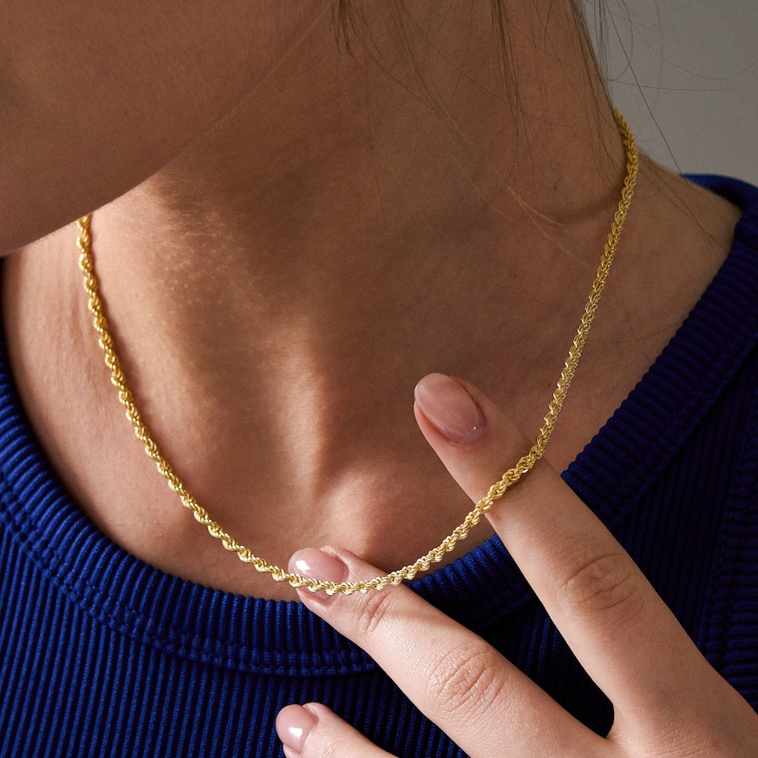 14K Gold Rope Chain Necklace, 3mm Twisted Rope Chain, 925K Silver Rope Necklace, Thick Rope ...