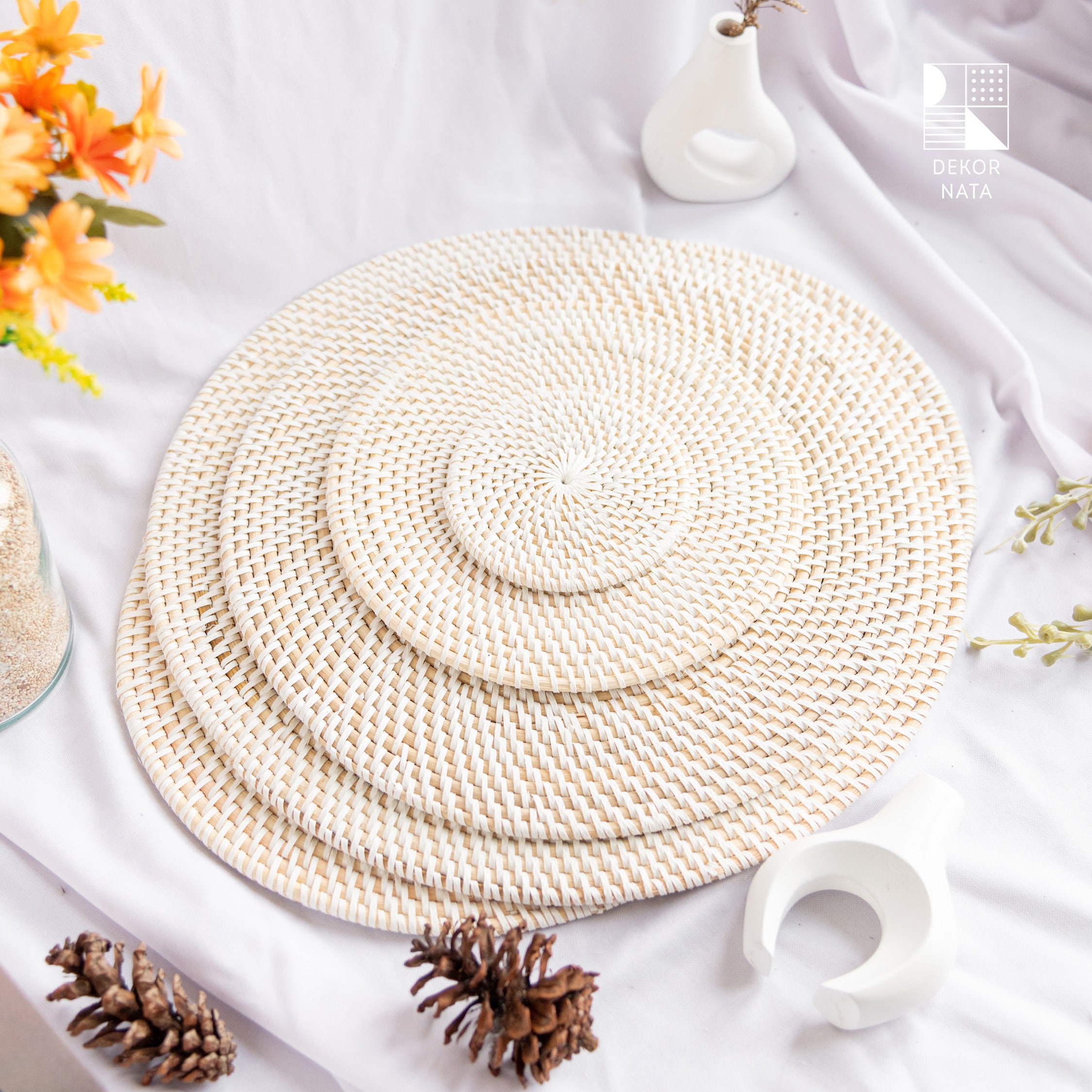 Round White Wash Rattan Placemat, Placemat for Dining Table, Wicker ...
