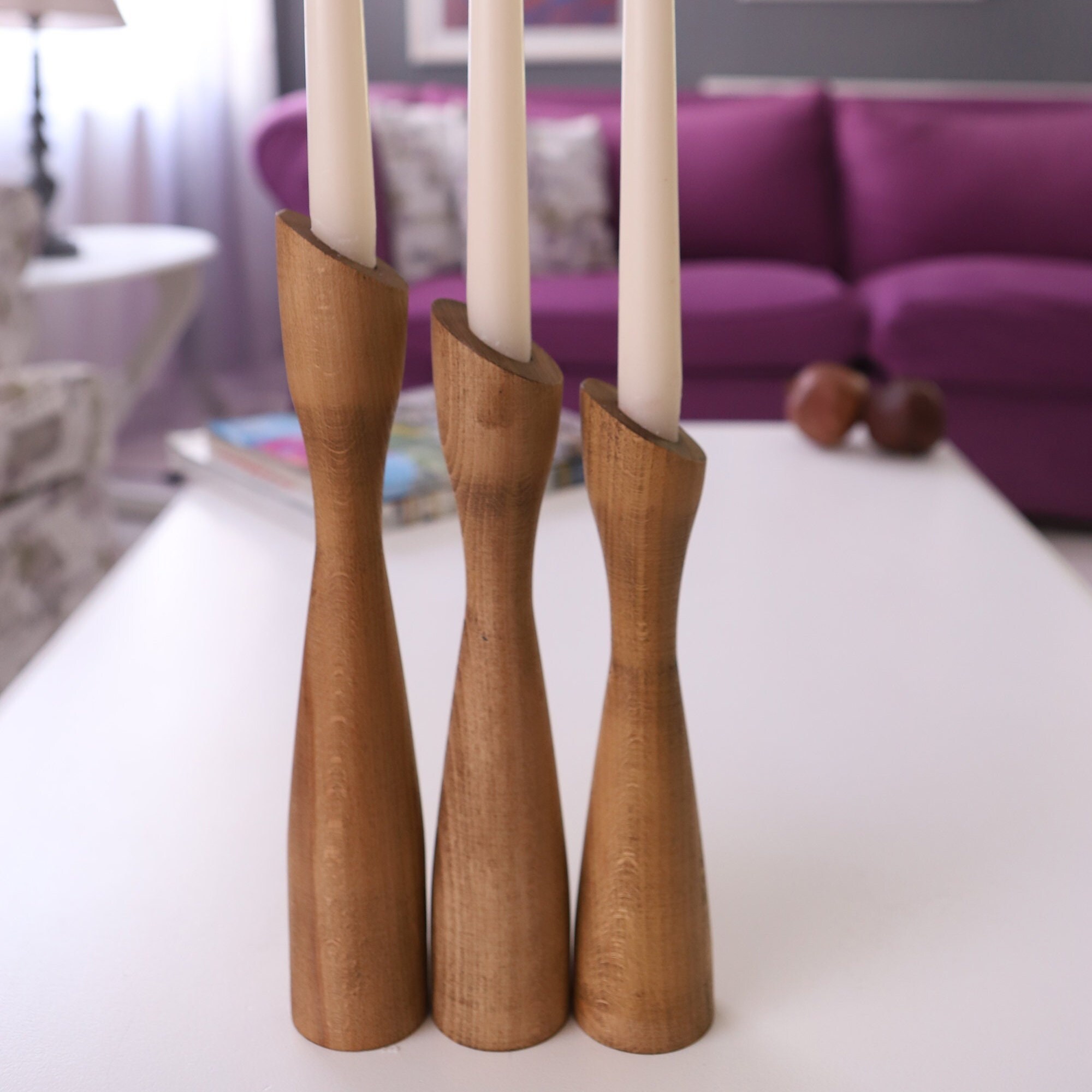 Handmade Wooden Candlestick Holder Set of 3 Modern Rustic Candleholder Hand Painted Hause ...