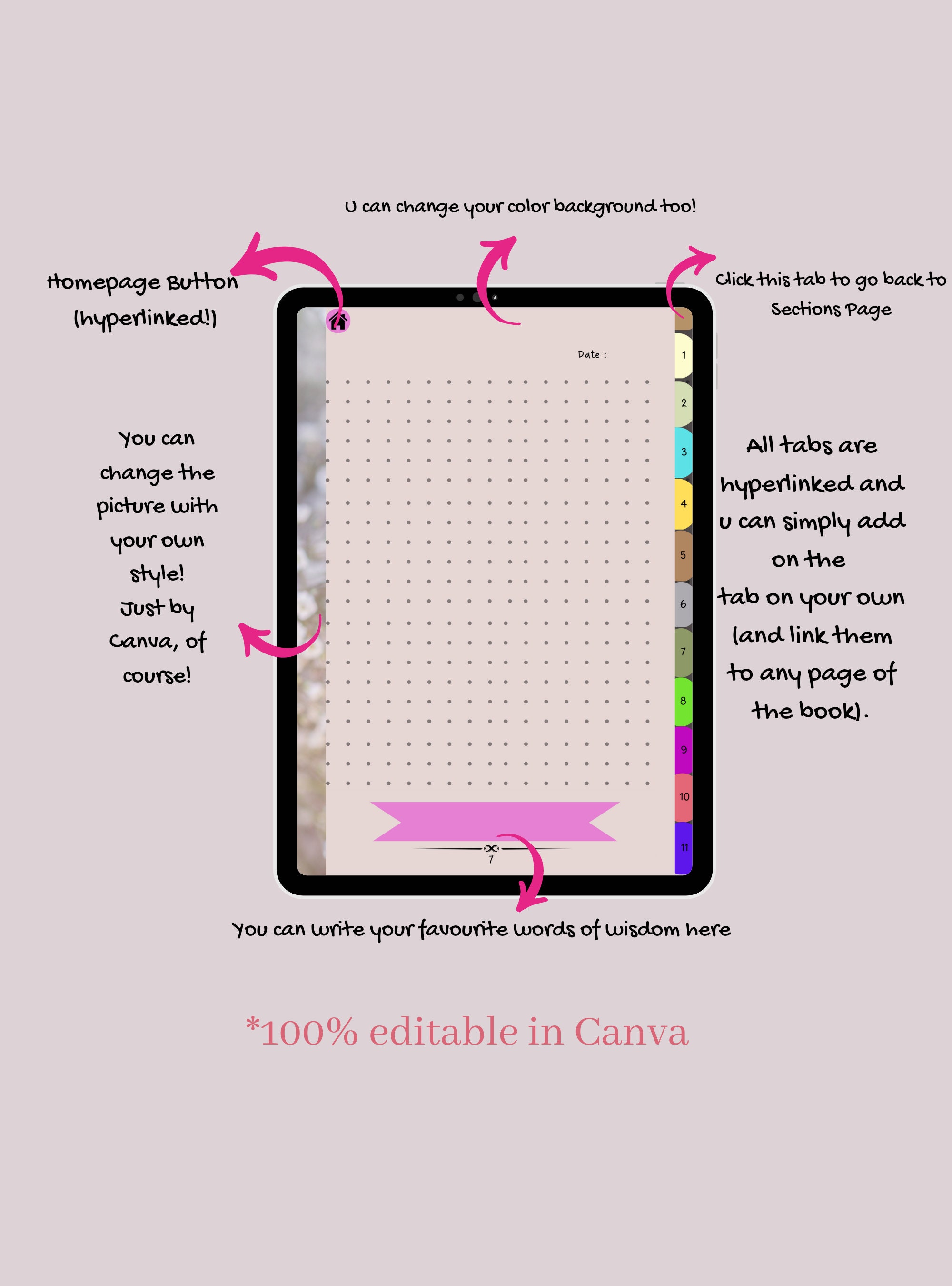 Digital Notebook Template Canva Template 11 Hyperlinked Tabs 10 Dotted ...