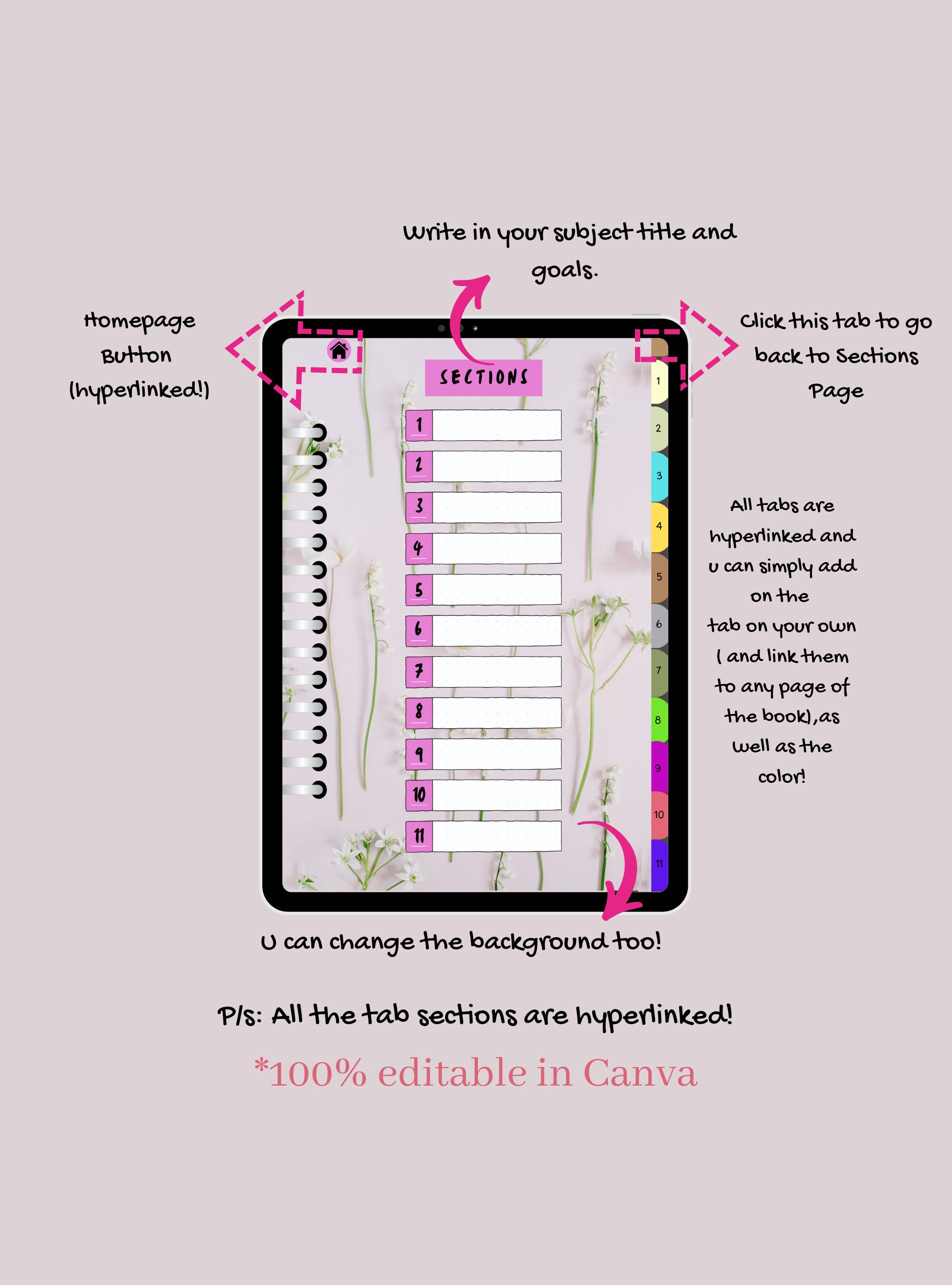 Digital Notebook Template Canva Template 11 Hyperlinked Tabs 10 Dotted ...