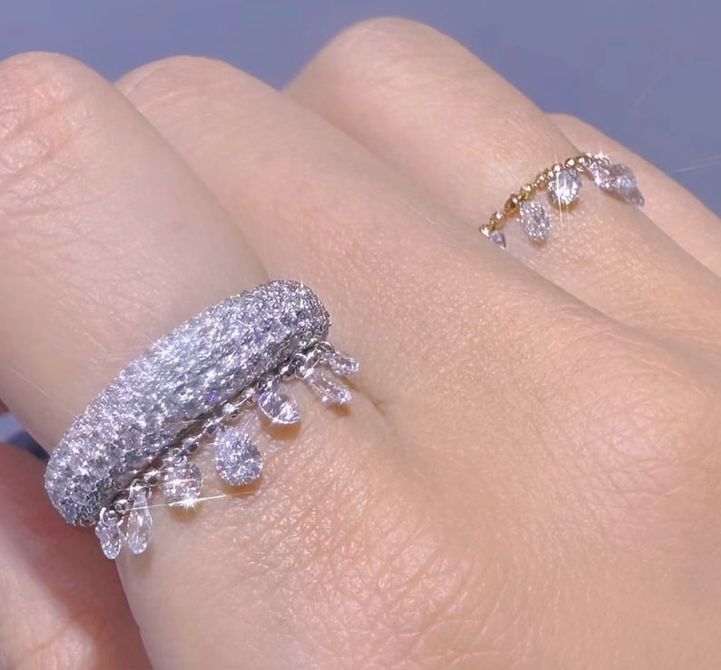 18K Solid Gold Floating Diamond Chain Ring, Au750 Unique Extremely ...