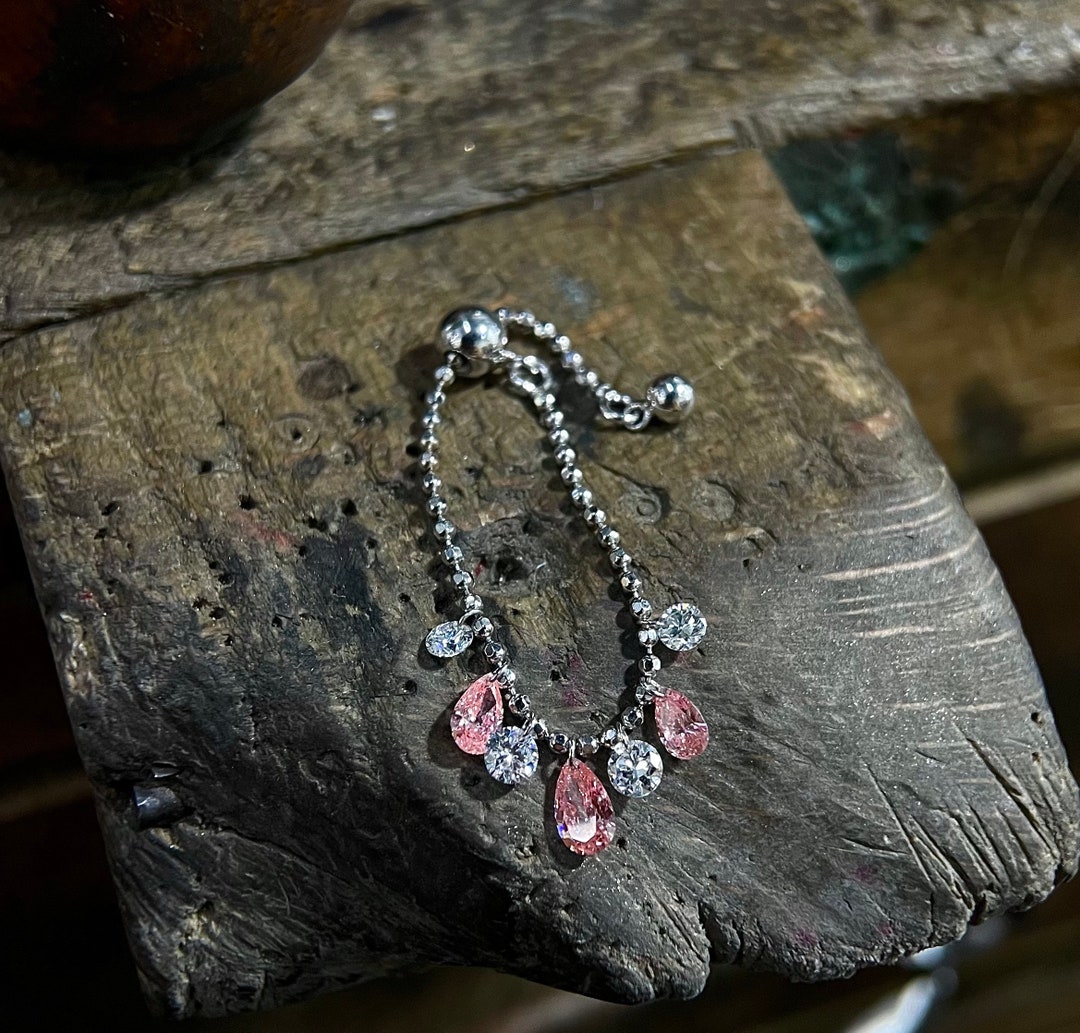 18K Solid Gold Floating Pink Diamond Chain Ring, Au750 Unique Extremely ...