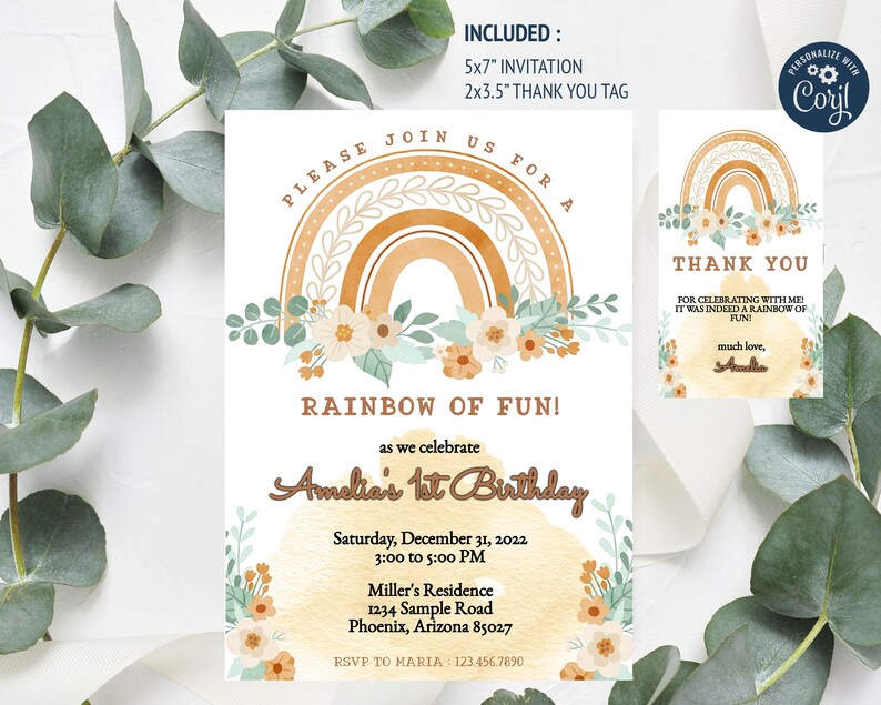 Editable Boho Rainbow Floral Birthday Invitation Minimalist - Etsy