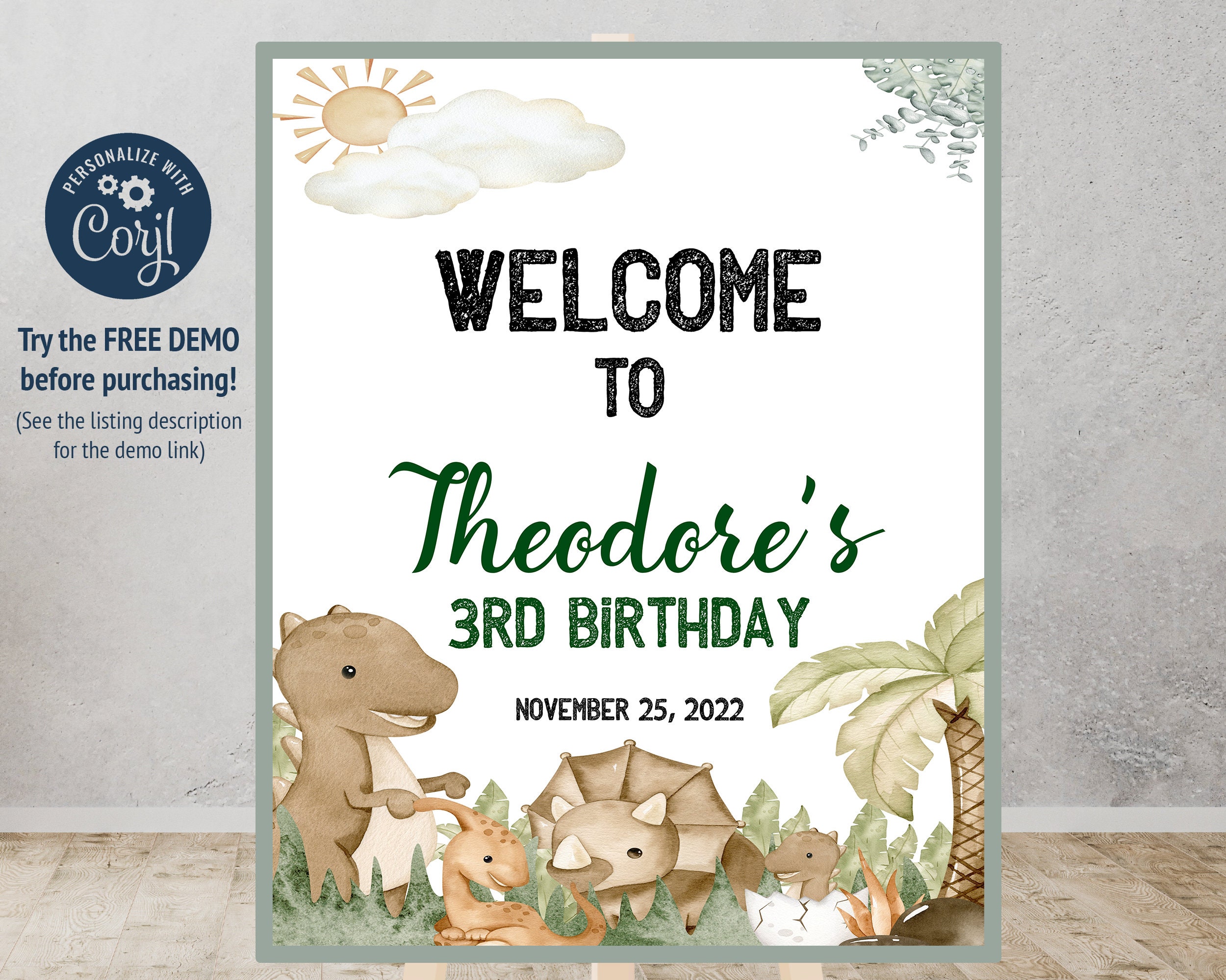 Editable Neutral Dinosaur Birthday Welcome Sign Neutral Dino - Etsy