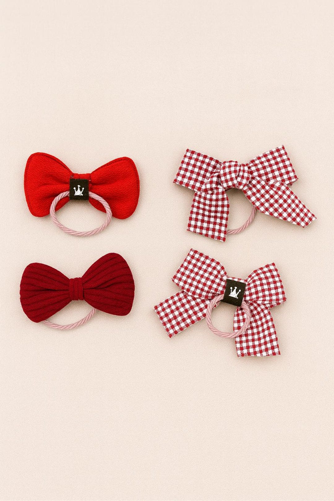 4 Pc Cozy Red Bow Hair Tie Set - Corduroy and Gingham Check- Hair Ties ...