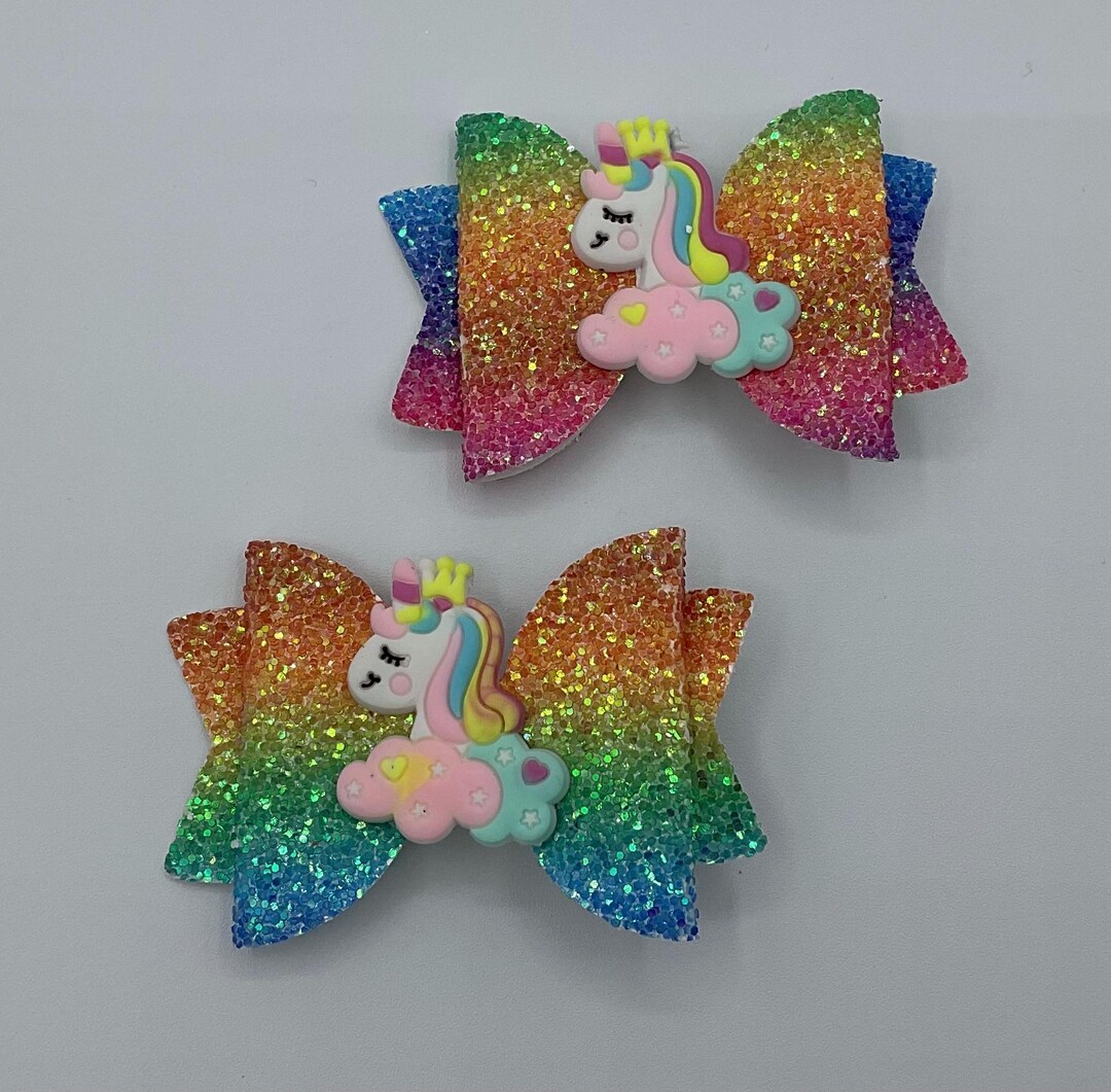 Cute Rainbow Bow With Unicorn Center Accent 3.5 Inch Magical ...