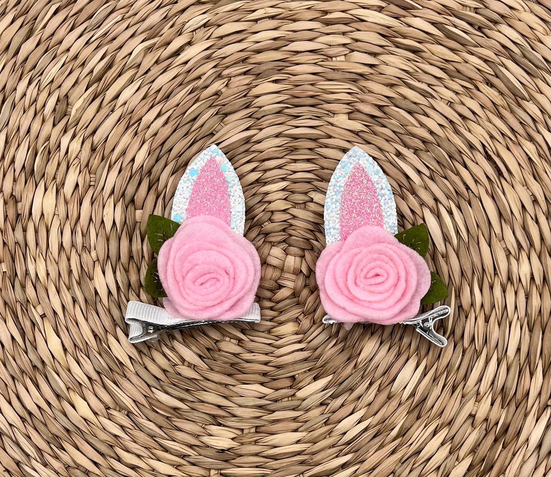 Adorable Bunny Ear Sparkle Hair Clip With Pink Rose Accent-easter Party ...