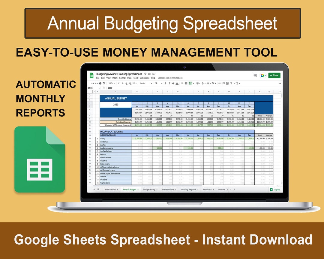 Annual Budget and Money Tracking Spreadsheet - Google Sheets - Instant ...