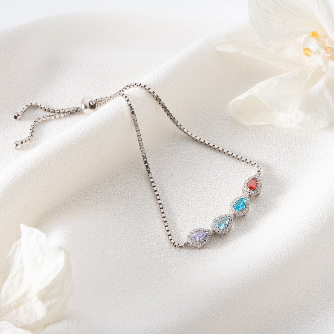 Birthstone Bracelet Adjustable Box Chain 925 Silver Custom Birthday ...