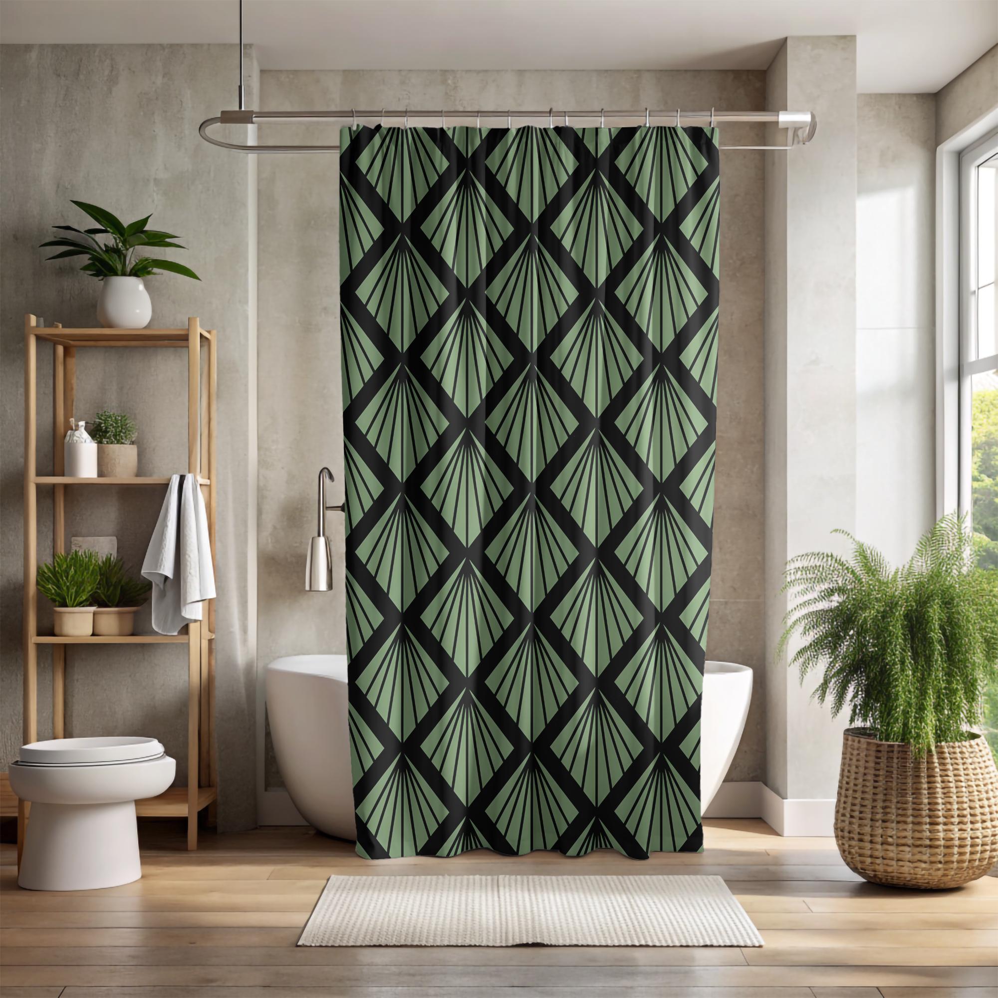 Sage Green Art Deco Shower Curtain, Geometric Bathroom Decor, Vintage ...