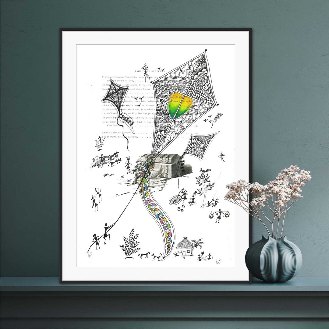 Kite Flying Zen Art Mandala Line Drawing Mystical Decor - Etsy