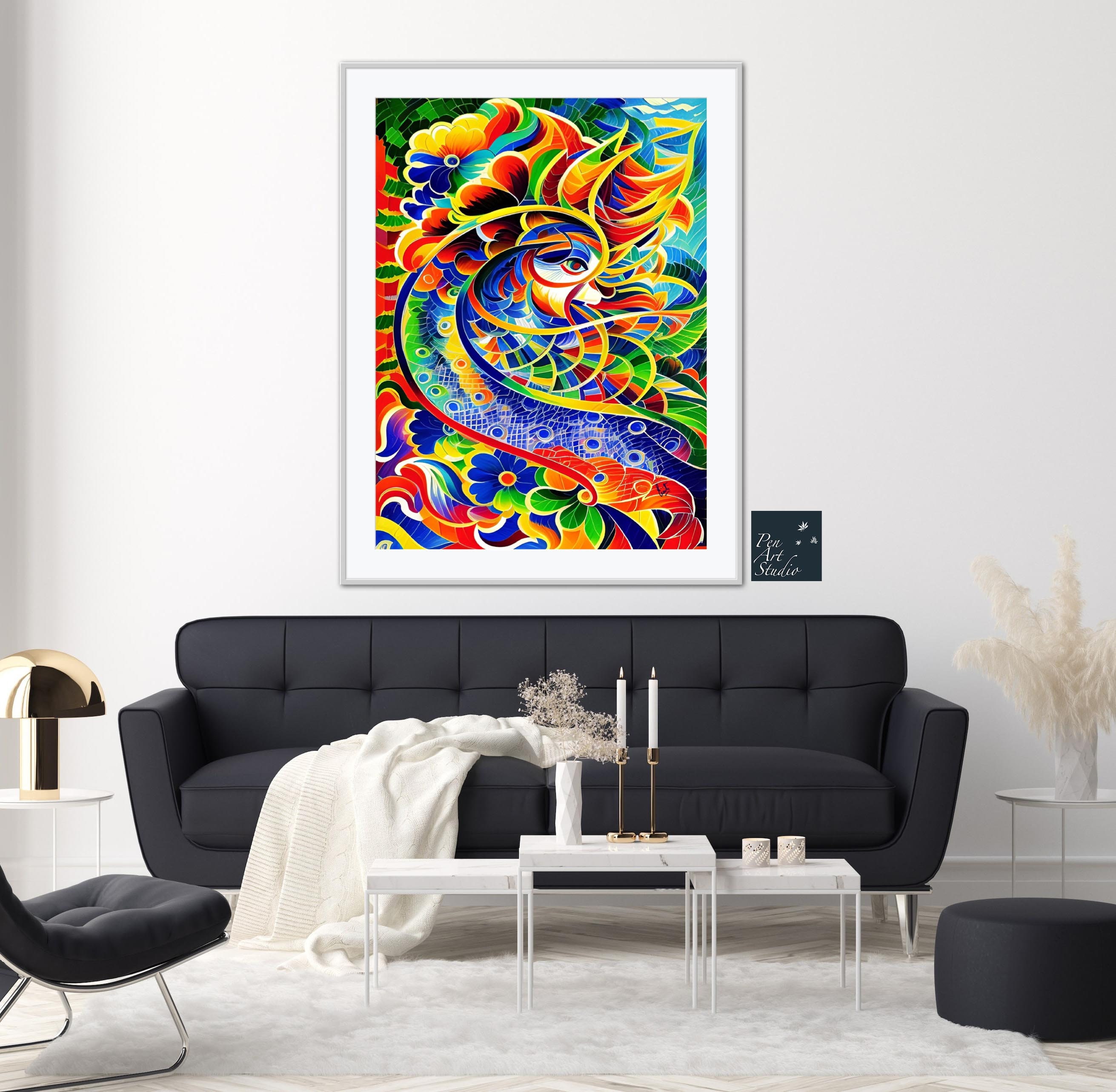Trippy Fauvism Peacock Floral Wall Art Painting Print, Shabby Chic Boho ...